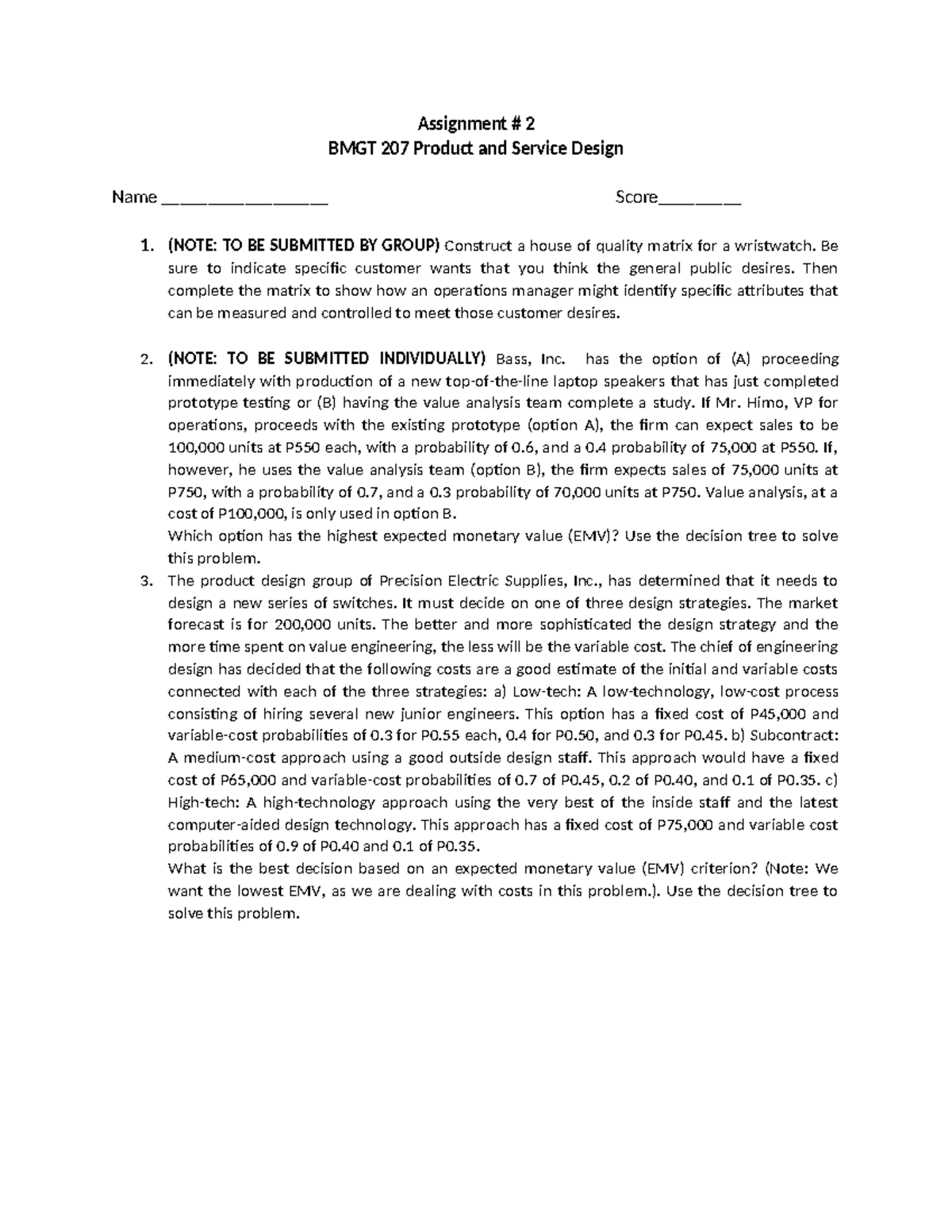 Assignment #2 - learning - Assignment # 2 BMGT 207 Product and Service ...