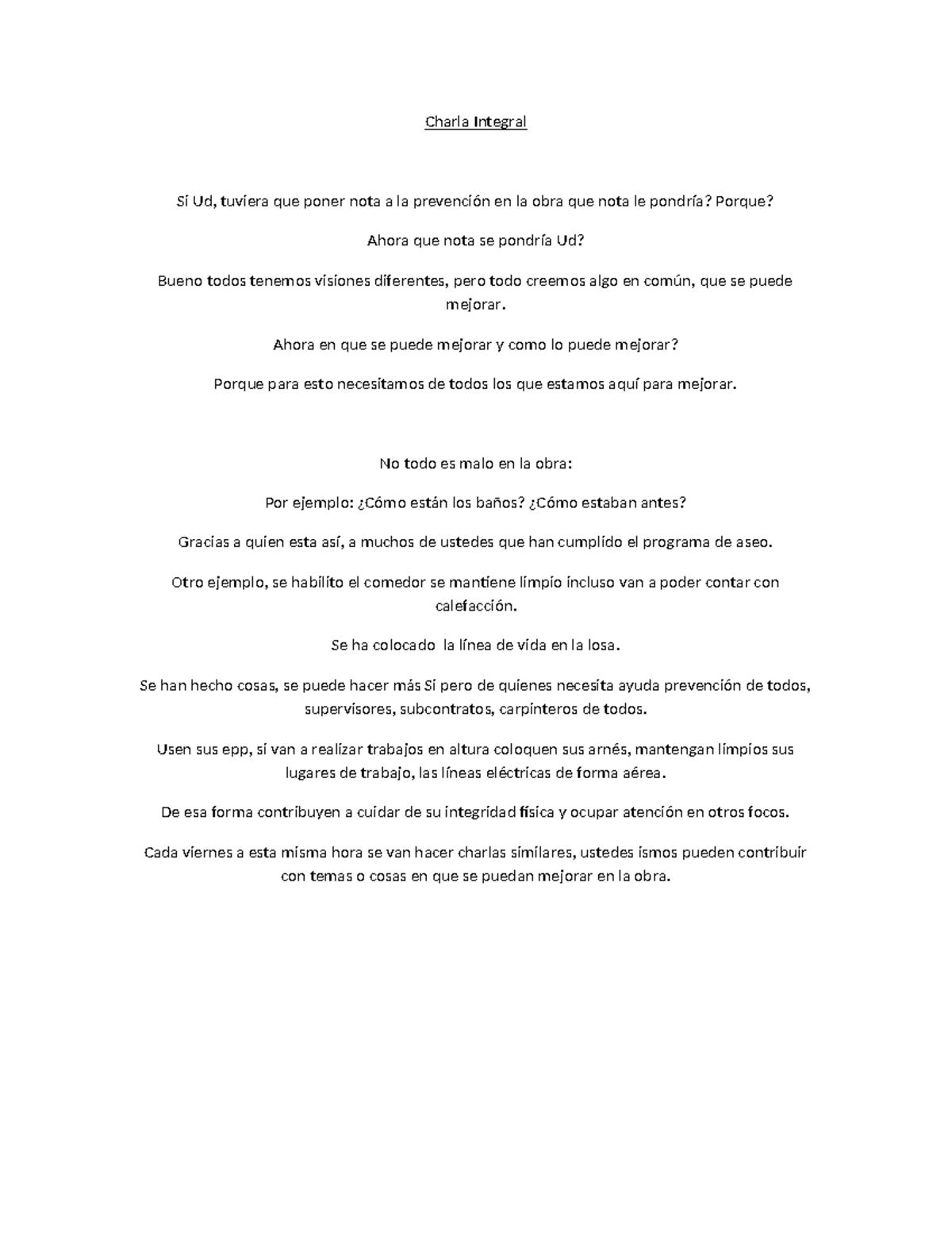 Charla Integral 1: Mejora de la Prevención en la Obra - Studocu