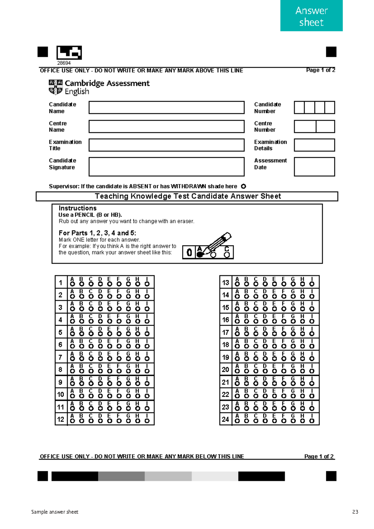 TKT 28694 Sample Answer Sheet - Preparatory Material - Studocu