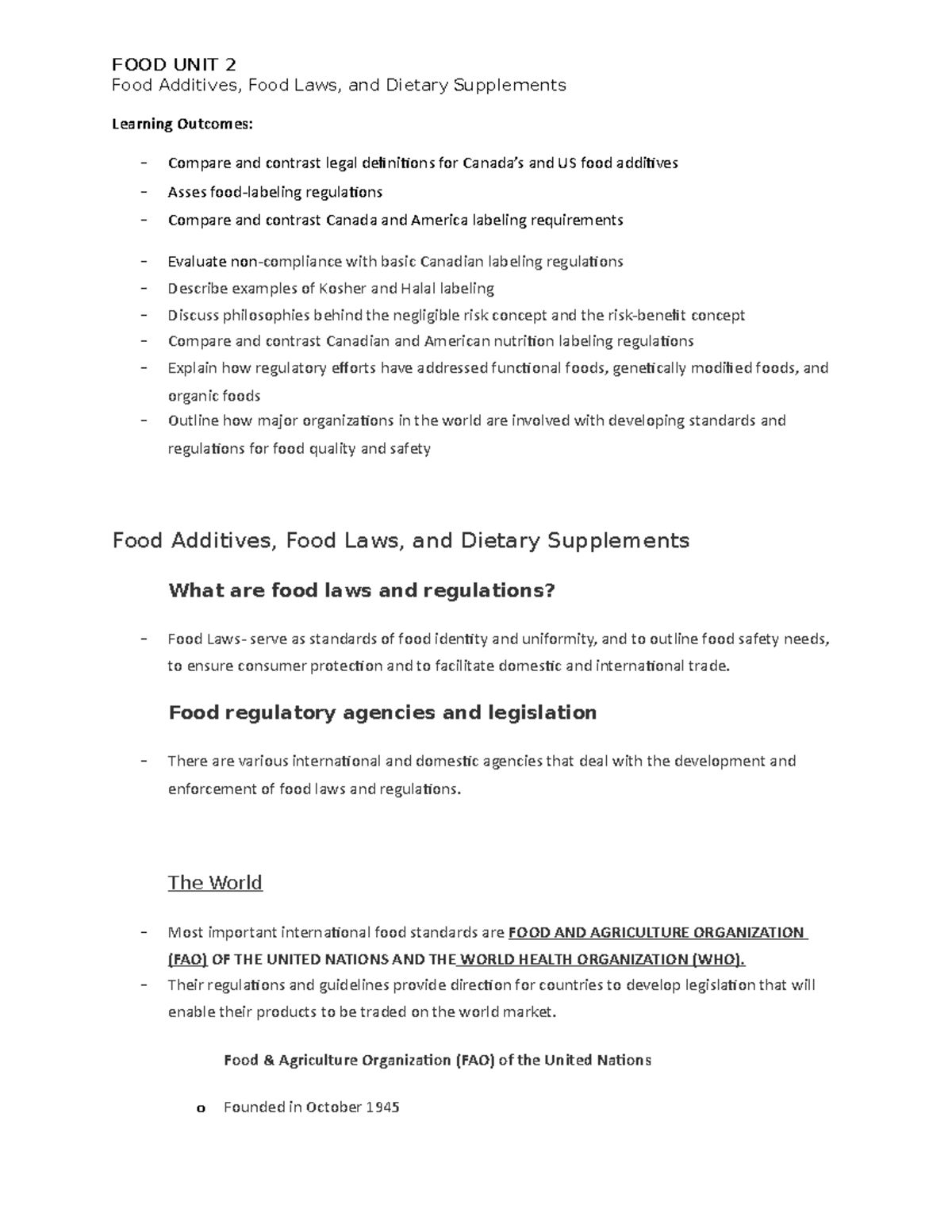 FOOD 2100 Unit 2 Course Notes: Food Additives, Laws & Supplements ...