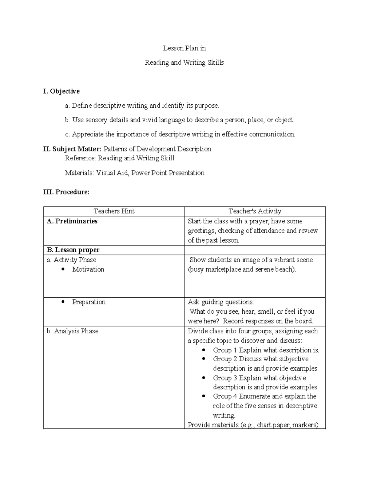 4A's Lesson Plan: Enhancing Descriptive Writing Skills - Studocu