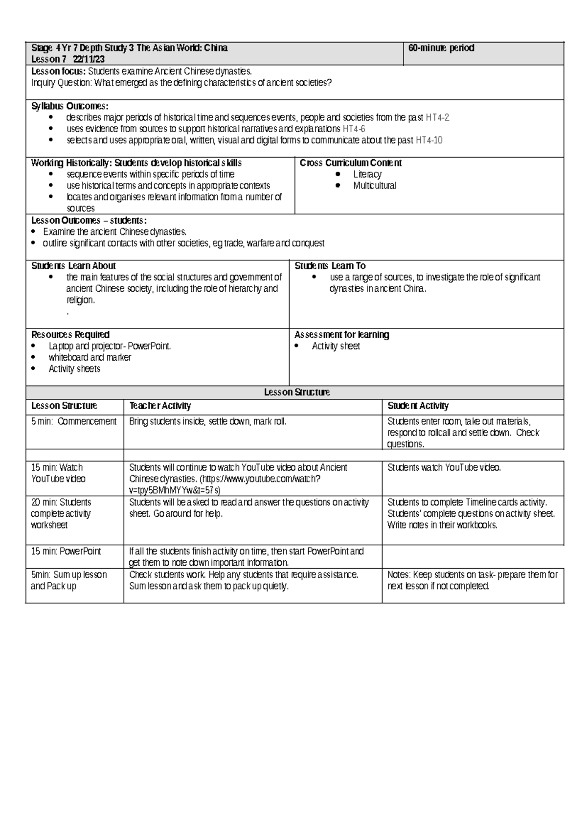 Yr 7 Depth Study: Ancient Chinese Dynasties Lesson Plan - Studocu