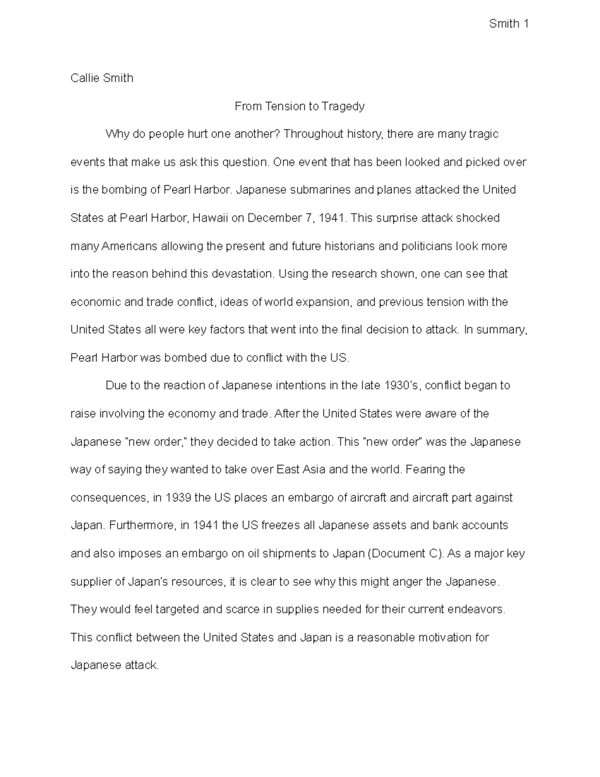 DBQ Essay Why Did Japan Bomb Pearl Harbor - Smith 1 Callie Smith From ...