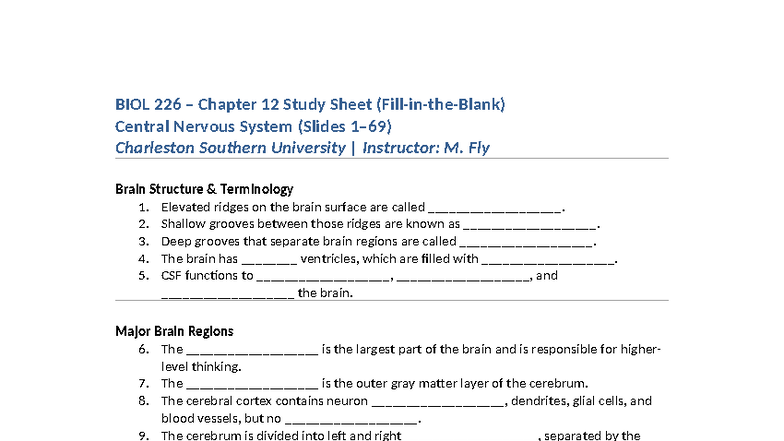 BIOL 226 Chapter 12 Study Sheet: CNS Overview & Key Concepts - Studocu