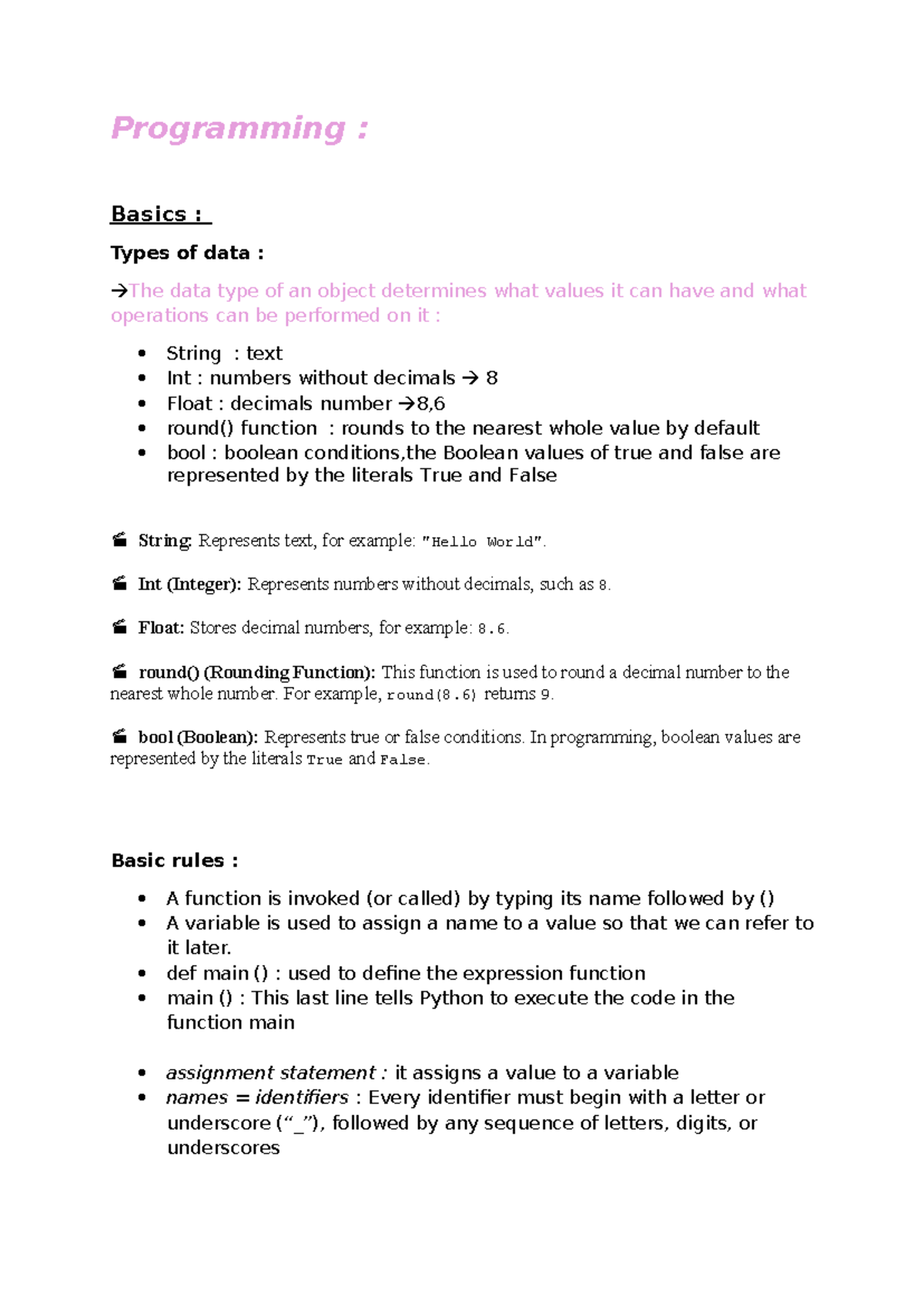 Programming 101: Data Types, Functions, and Loops Notes - Studocu