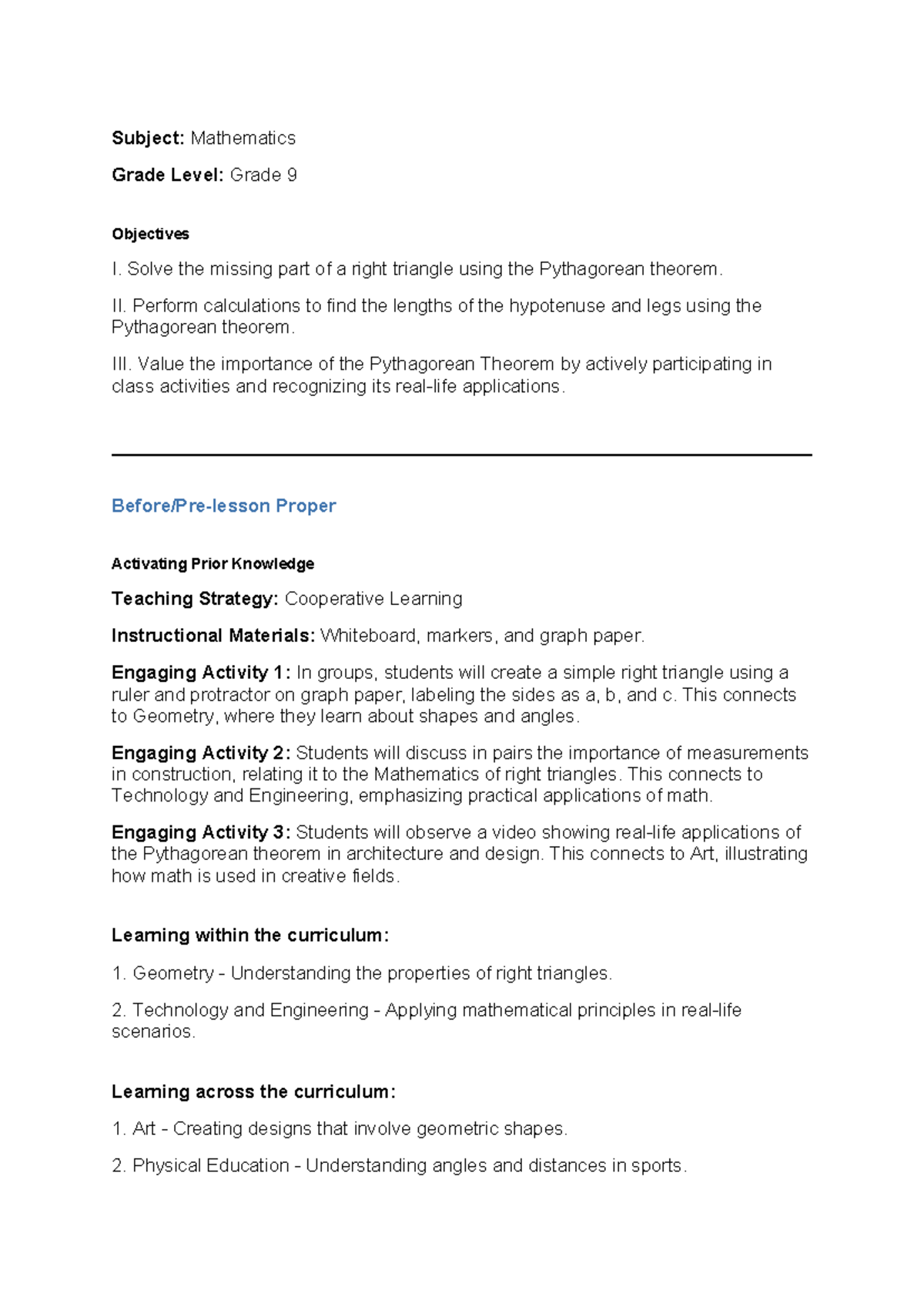 Mathematics Lesson Plan: Exploring the Pythagorean Theorem (Grade 9 ...