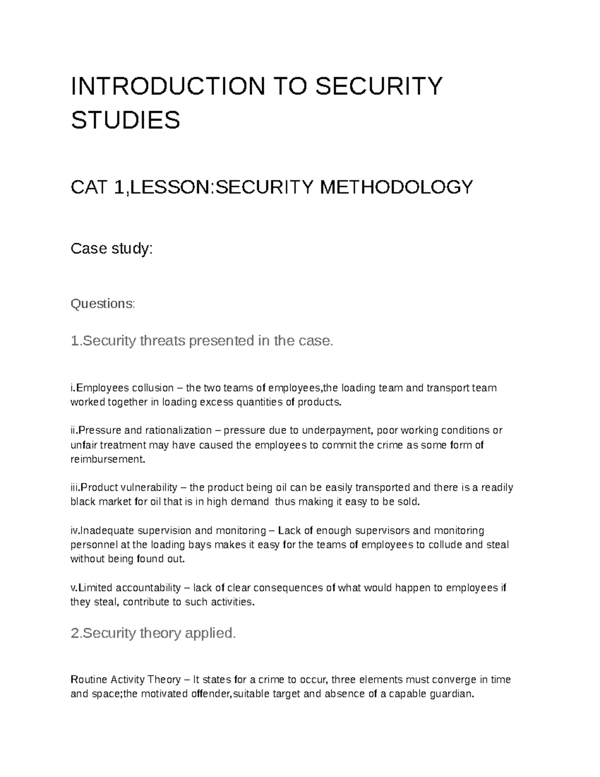 Introduction to Security Studies CAT 1: Security Methodology Case Study - Studocu