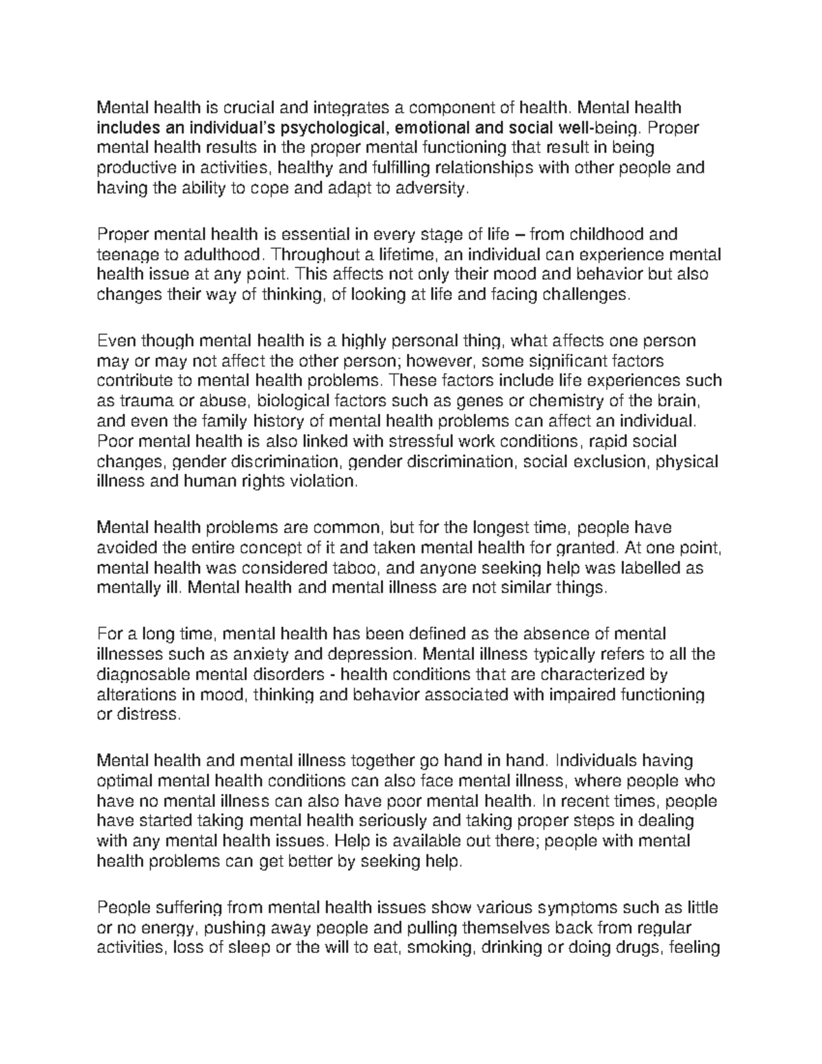 Mental Health Essay: Understanding and Addressing Key Issues - Studocu