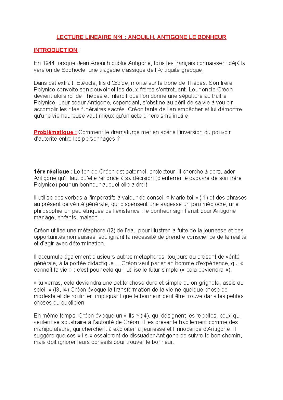 Lecture Linéaire N°4 : Anouilh, Antigone et la Quête du Bonheur - Studocu