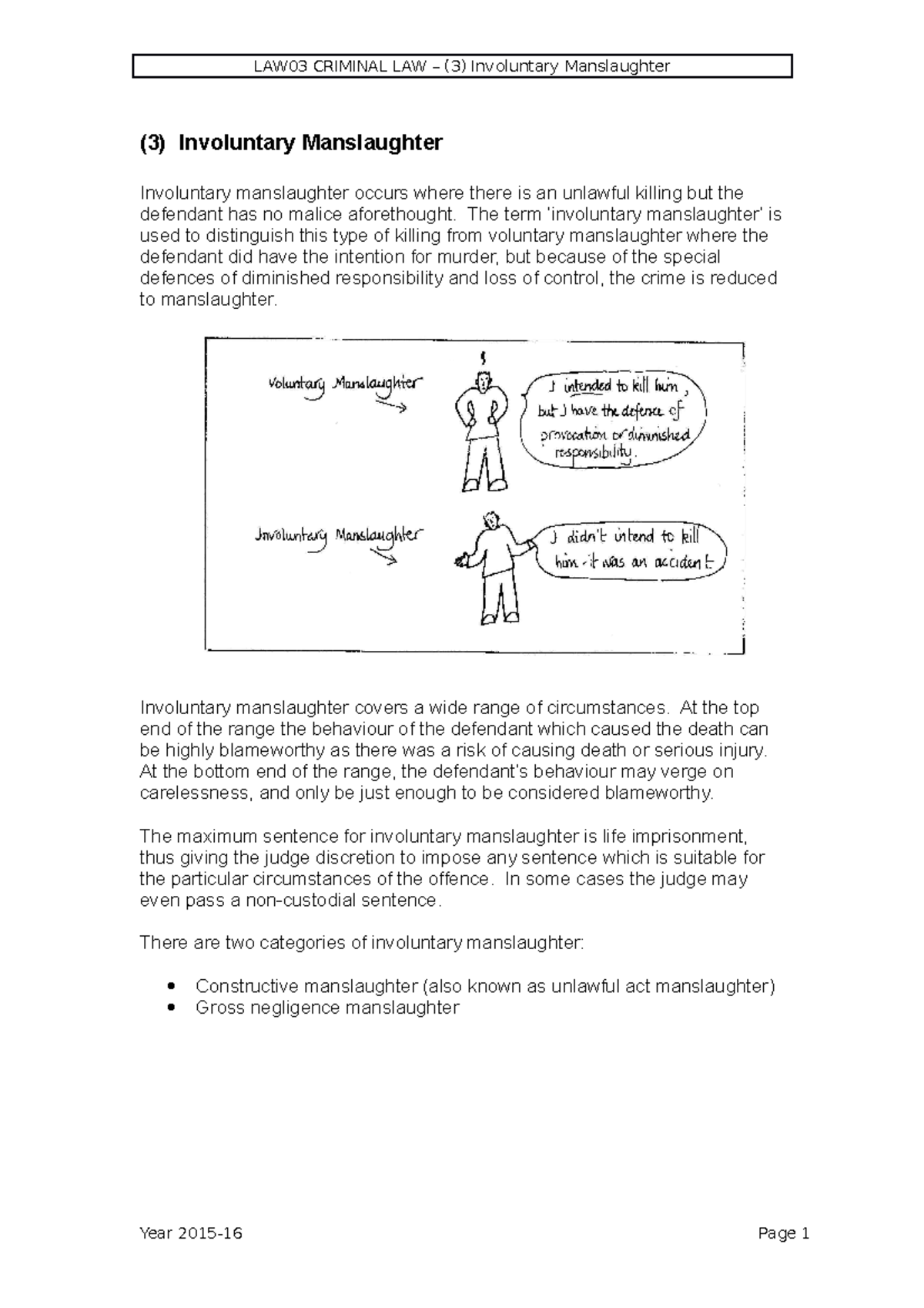 Involuntary manslaughter handout 2015-16 - (3) Involuntary Manslaughter ...