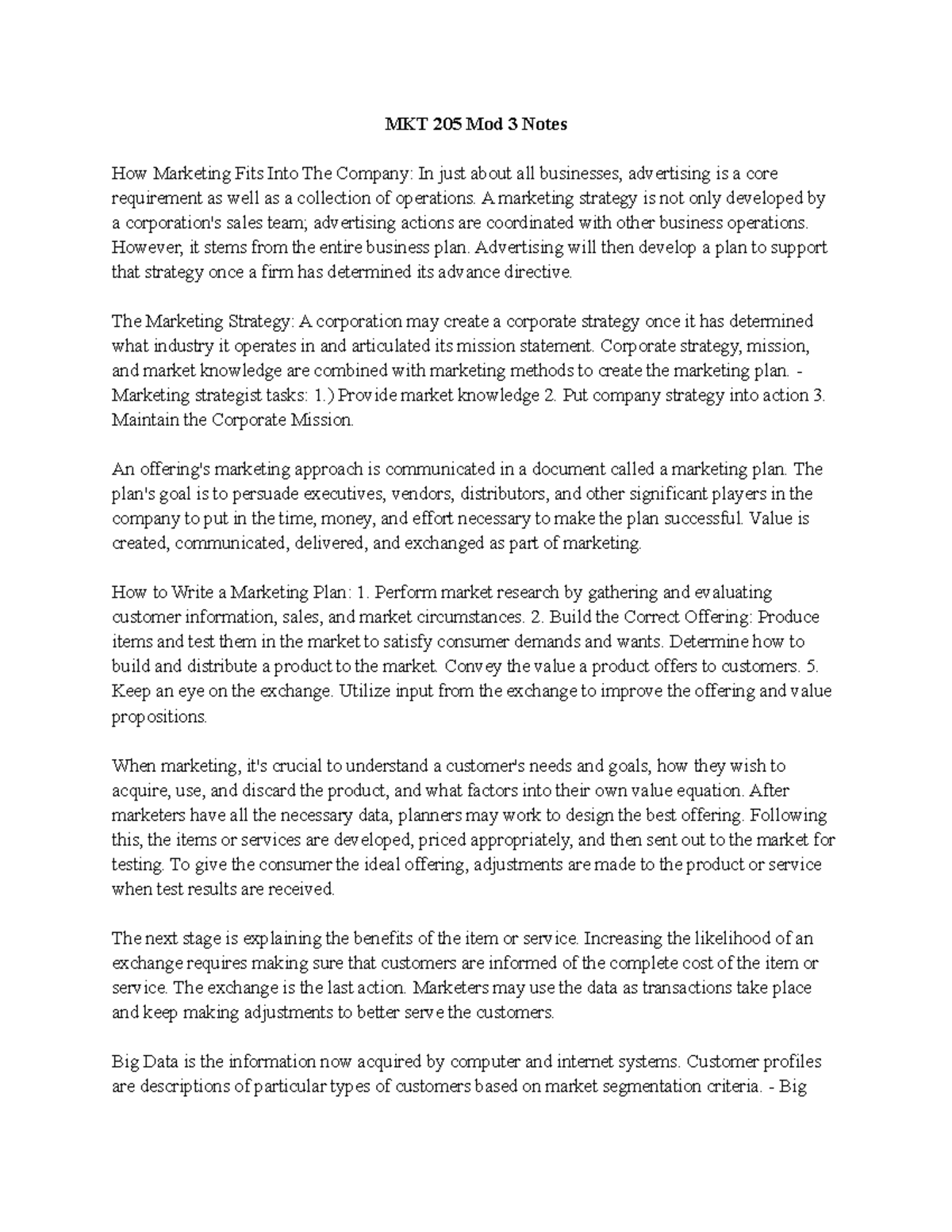 MKT 205 Module 3 Study Notes: Marketing Strategies & Ethics - Studocu