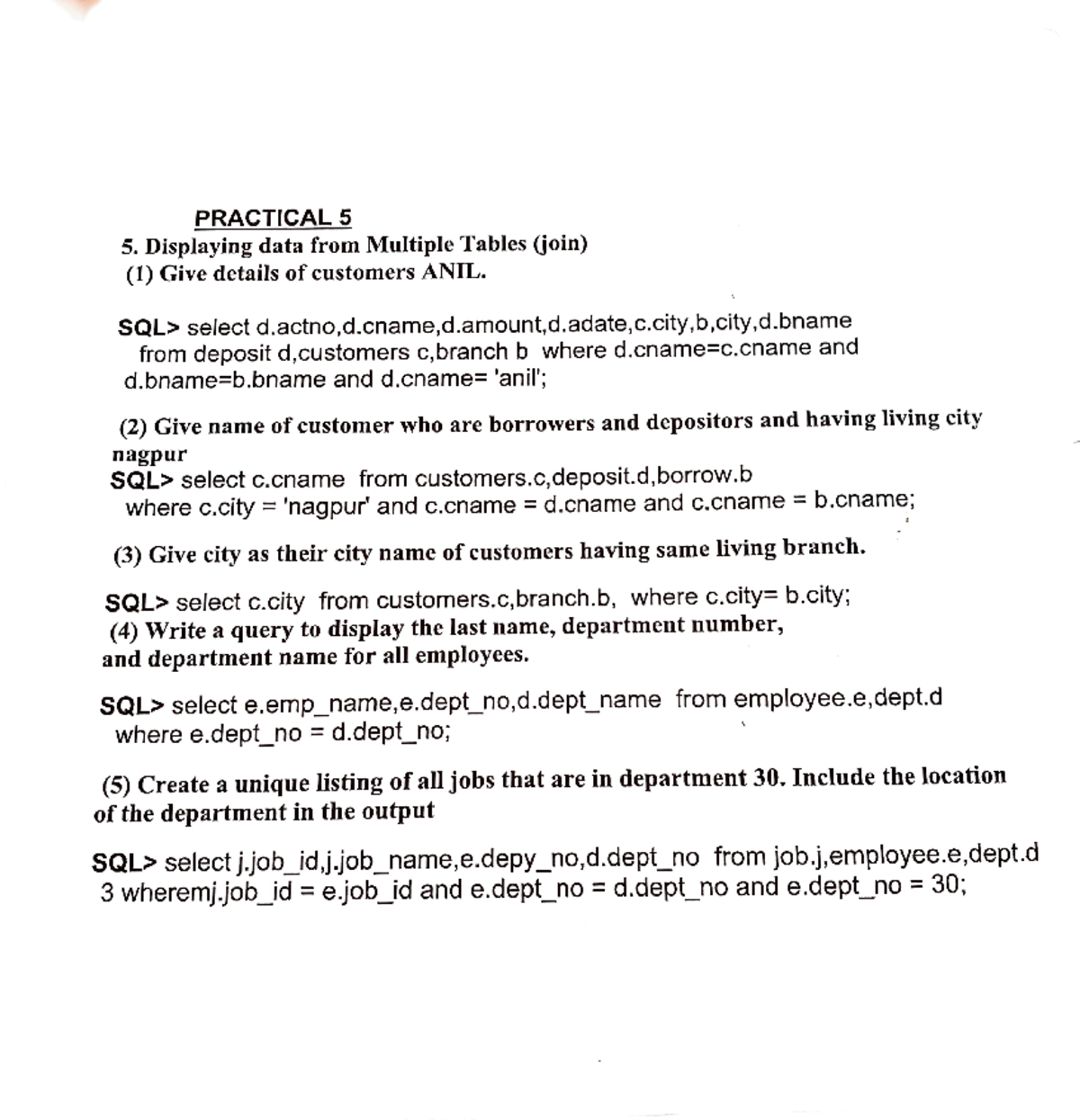 DBMS prac-5 to 7 - practice 5,6,7 - PRACTICAL 5 Displaying data from Multiple Tables (join ...