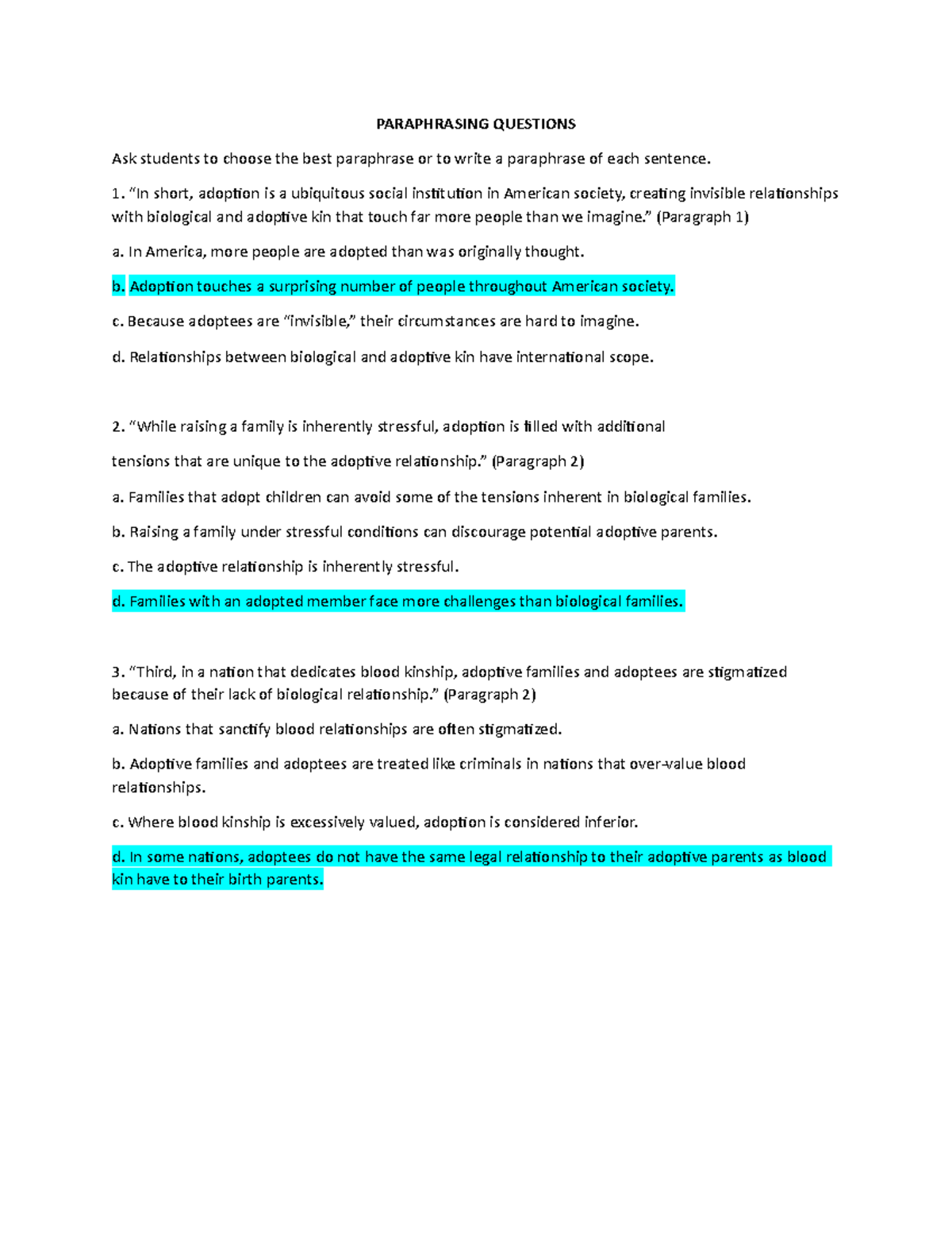 Exercises ON Paraphrasing AND Summarising - PARAPHRASING QUESTIONS Ask ...