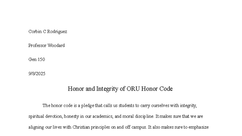 Gen 150 Essay: Honor and Integrity in the ORU Honor Code - Studocu