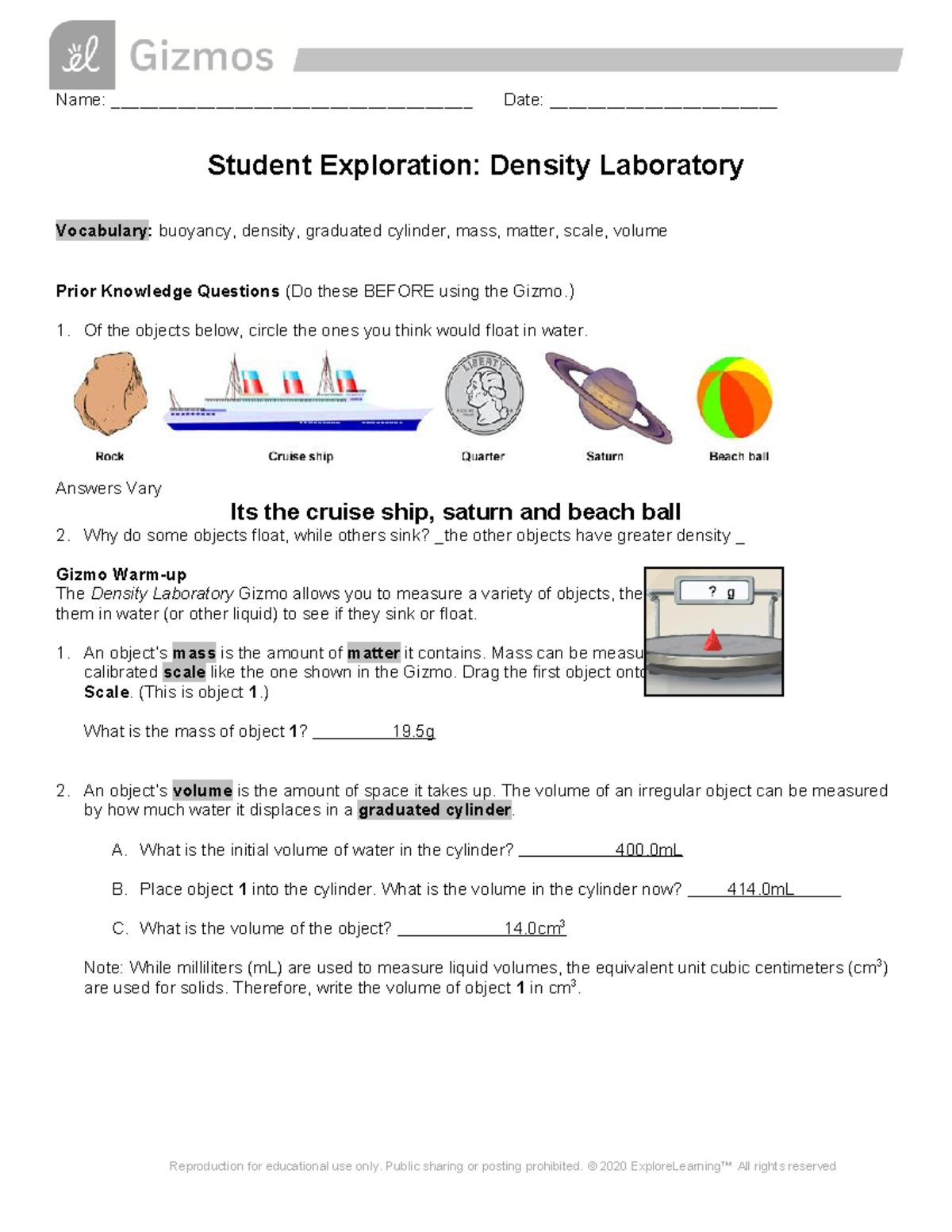 Density Laboratory Exploration: Gizmo Activity & Analysis - Studocu