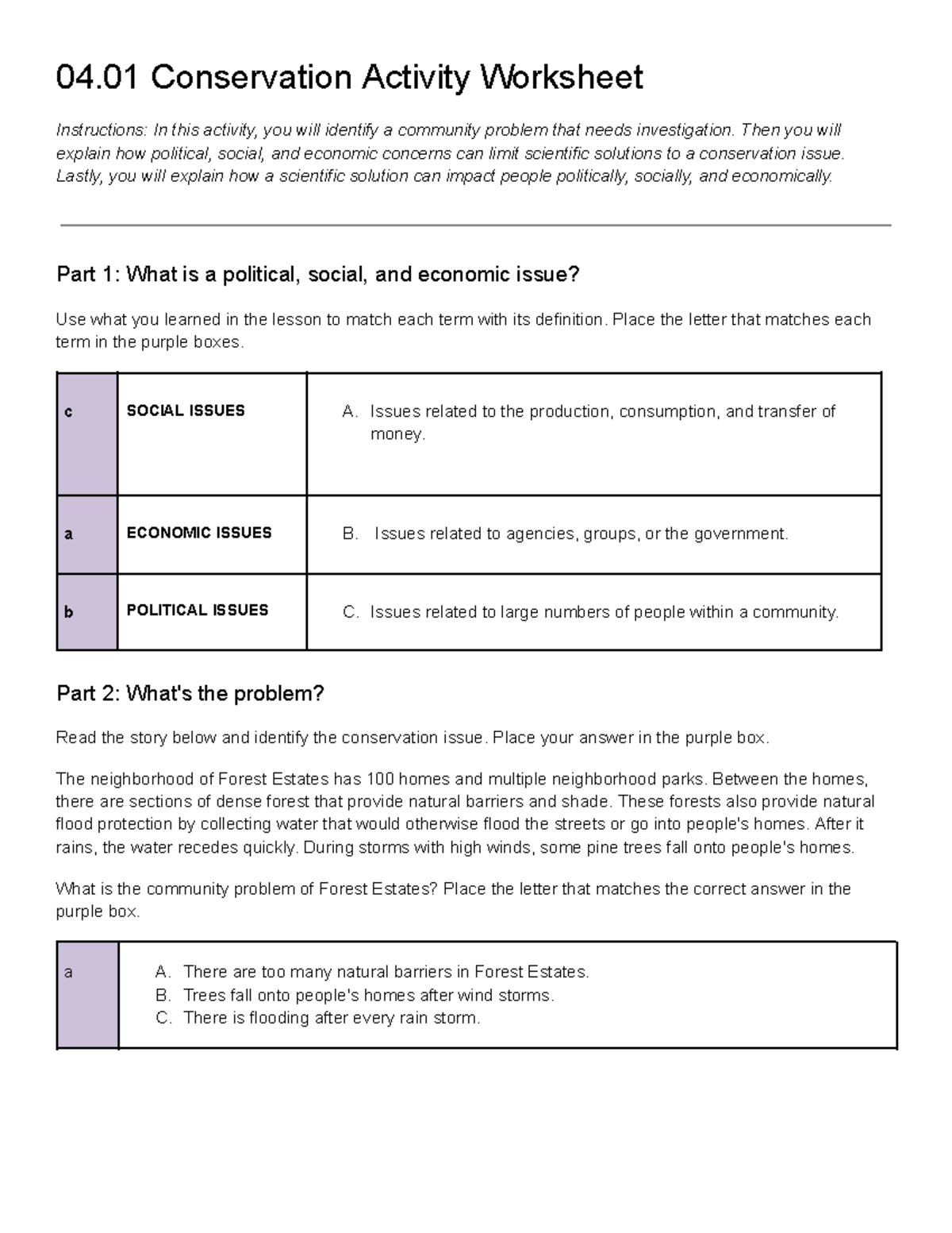 Conservation Activity Worksheet: Exploring Community Issues and ...