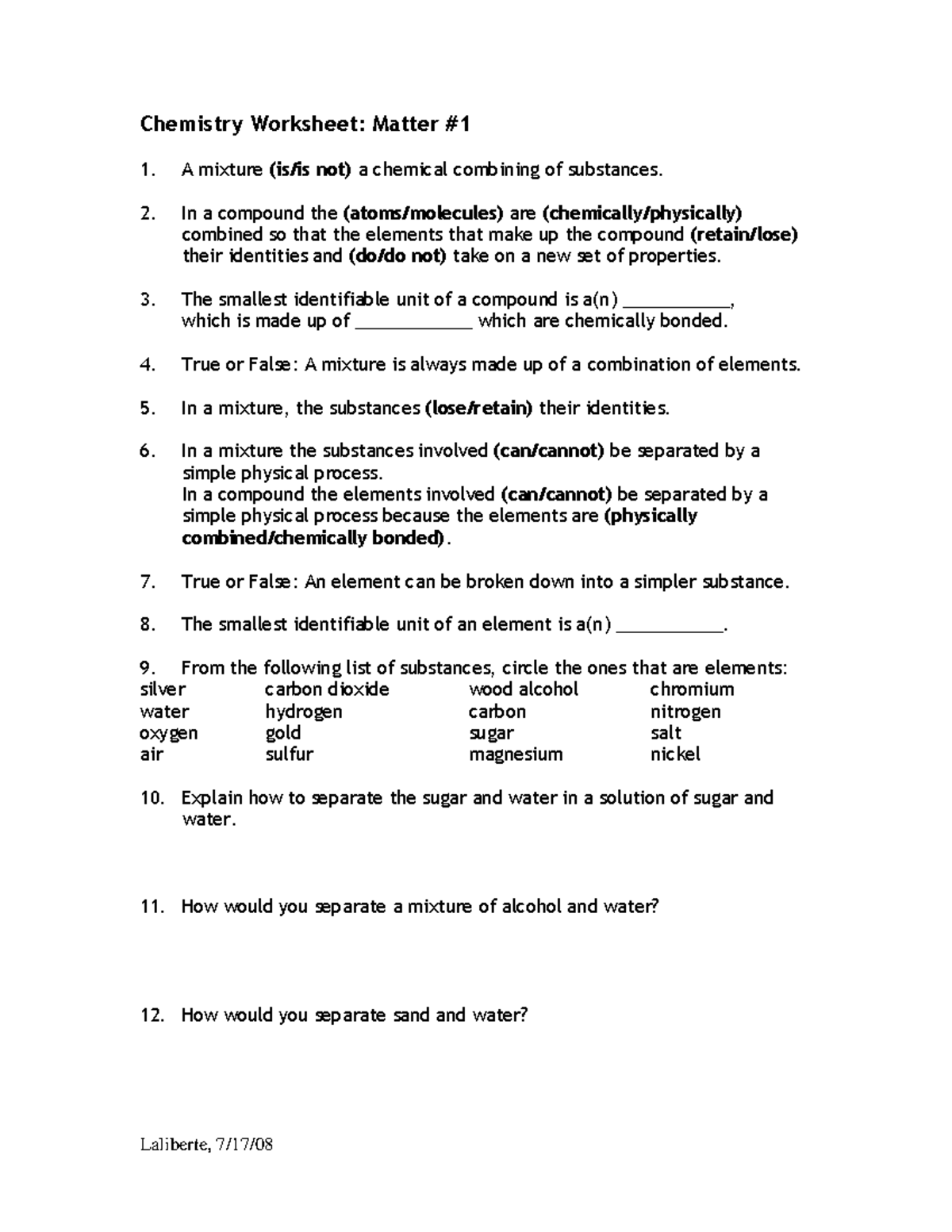 Chemistry I Worksheet: Matter Concepts and Classifications - Studocu