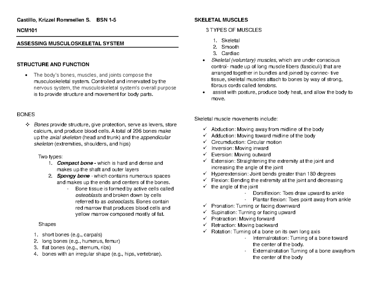 NCM10 Musculoskeletal System Outline and Assessment Notes - Studocu