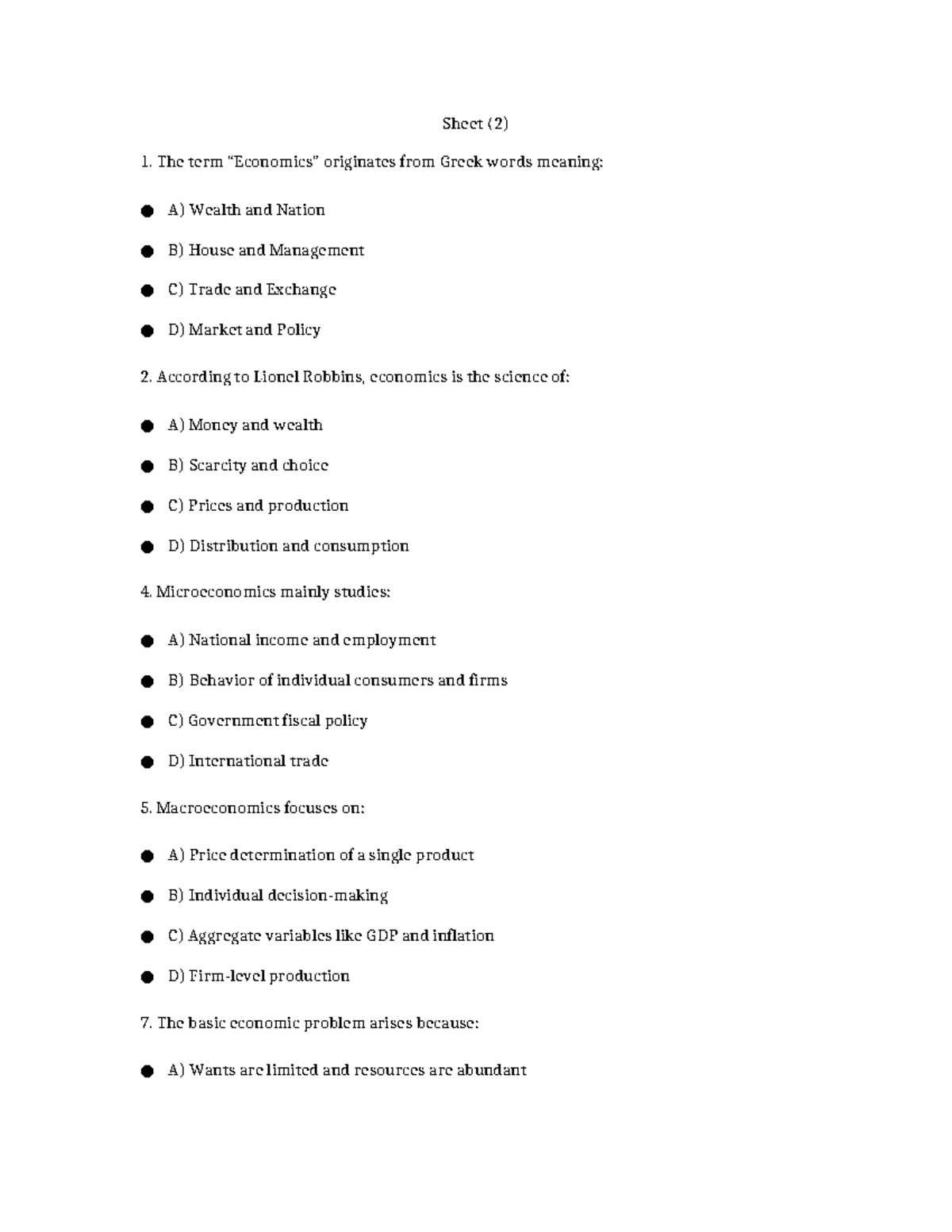 Economics Quiz Sheet 1-2: Key Concepts and Definitions - Studocu
