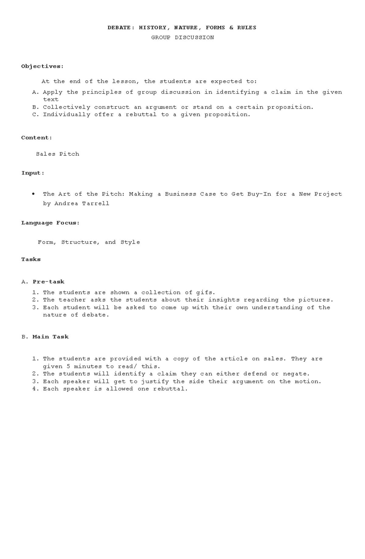 Task-Based Lesson Plan for ESL 207: Engaging Debate Skills - Studocu