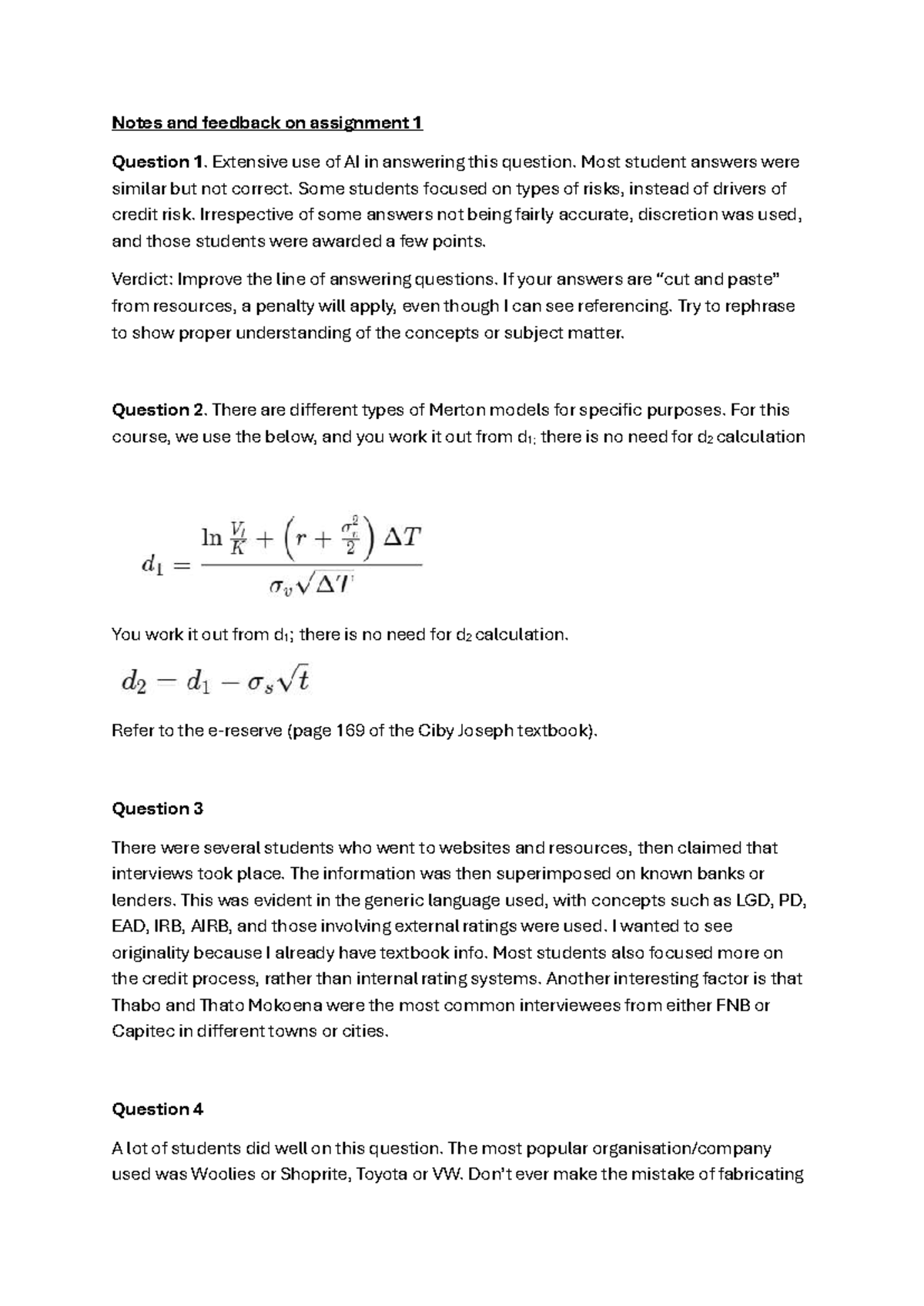 Assignment 1 Feedback: Insights on Credit Risk & Merton Models - Studocu
