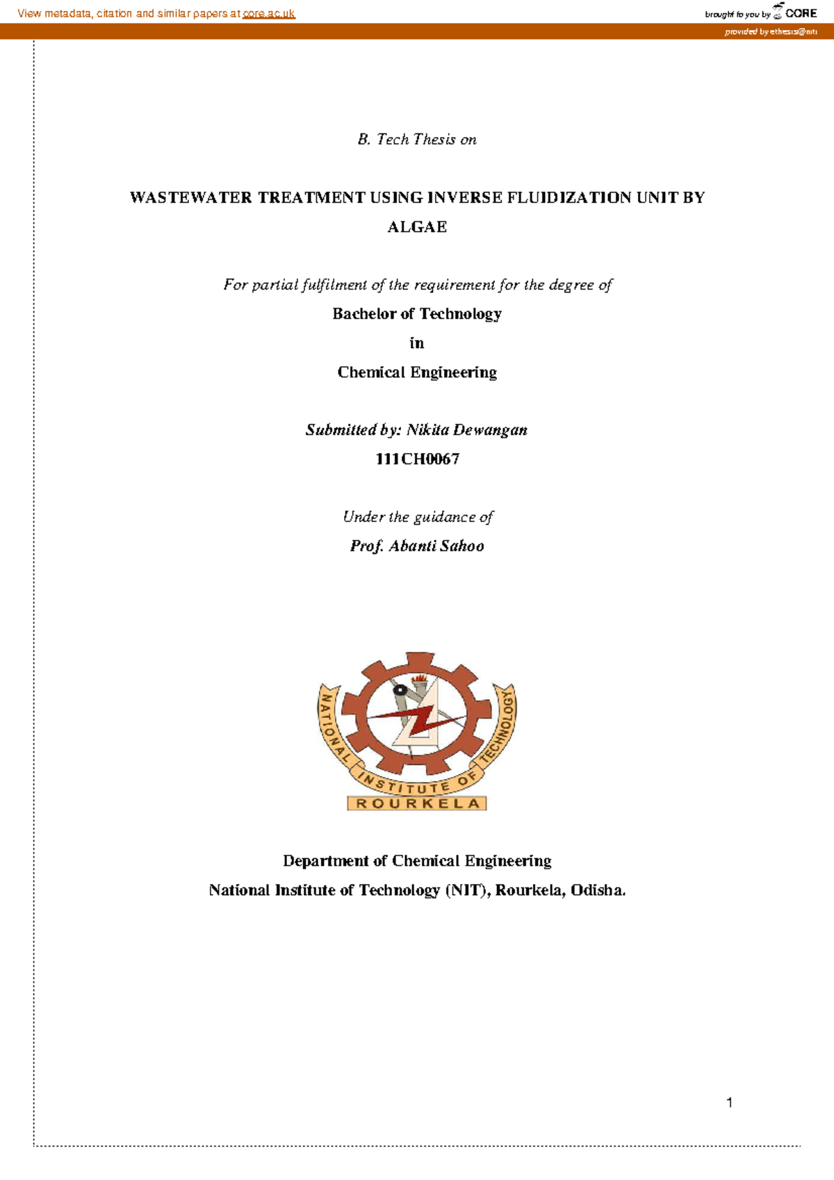 B. Tech Thesis on Wastewater Treatment Using Inverse Fluidization (111CH) - Studocu