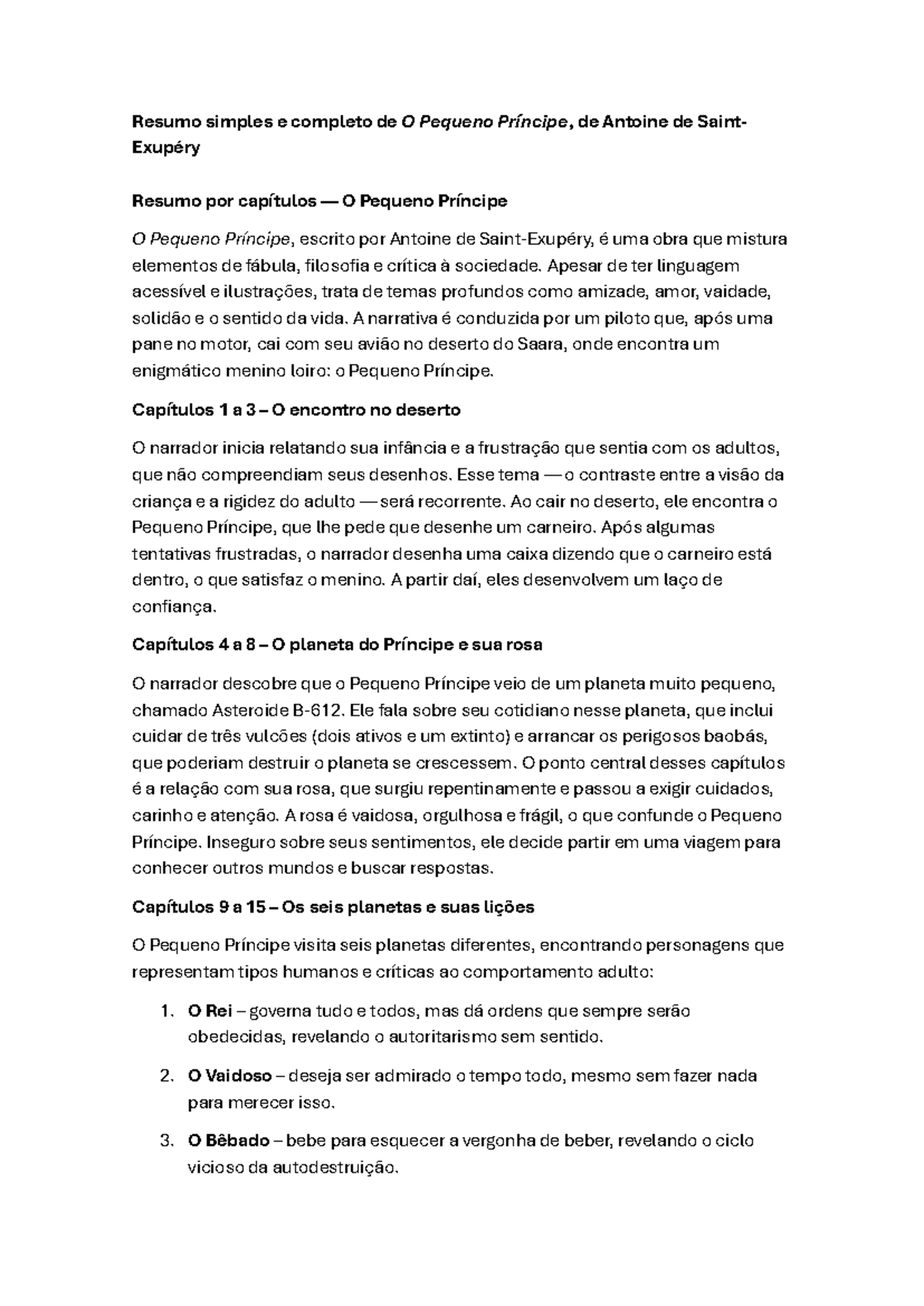 Resumo Completo por Capítulos de O Pequeno Príncipe - Análise e Temas - Studocu