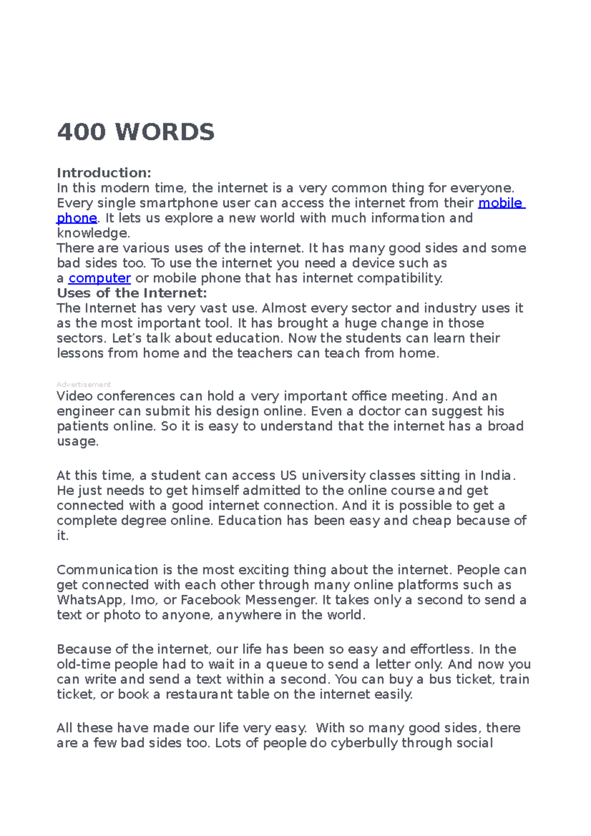 Essay on the Impact of the Internet on Modern Life - Studocu