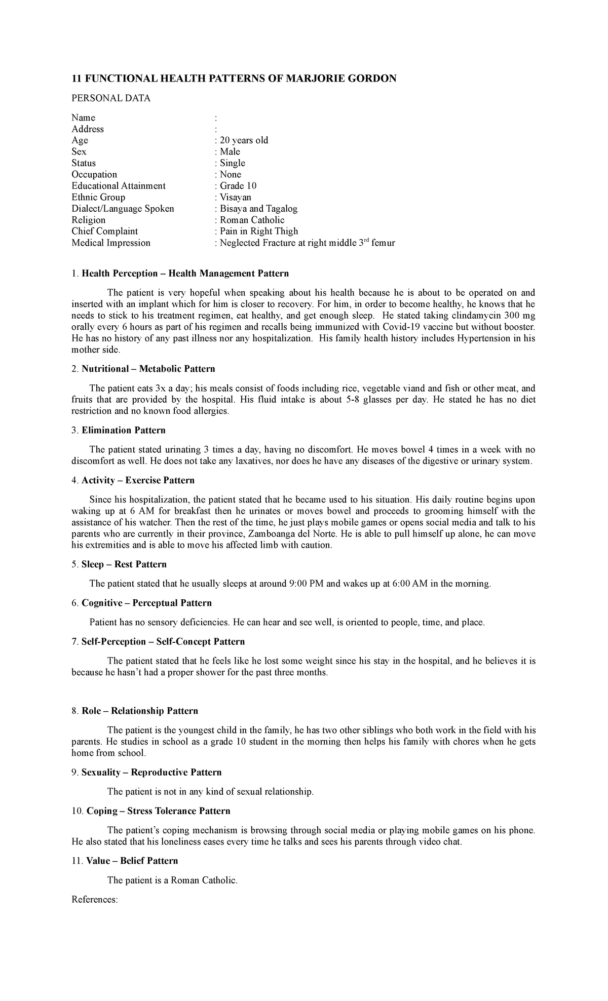 Gordon's 11 functional health patterns example information - 11 ...