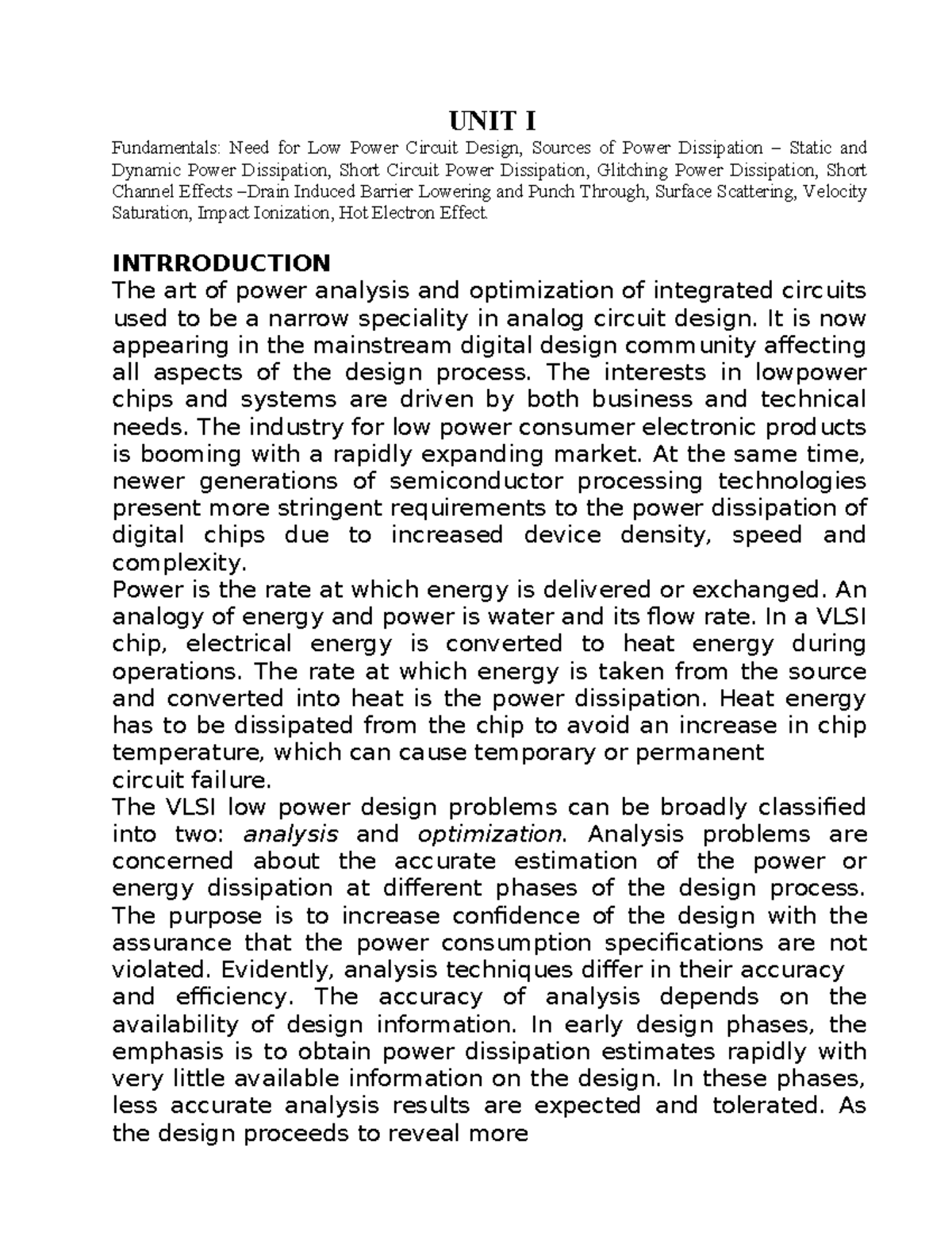 UNIT I: Low Power Circuit Design Fundamentals and Power Dissipation ...