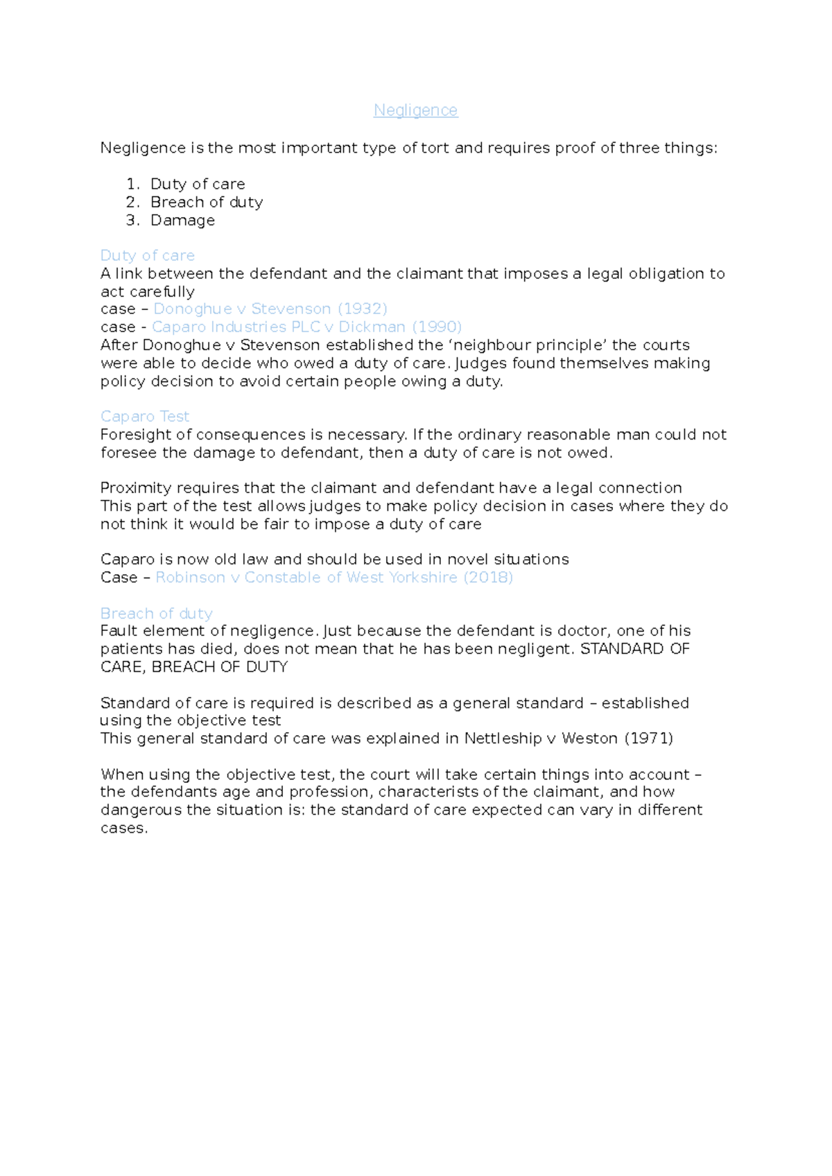 Negligence: Key Concepts and Case Law Overview - Revision Sheet - Studocu