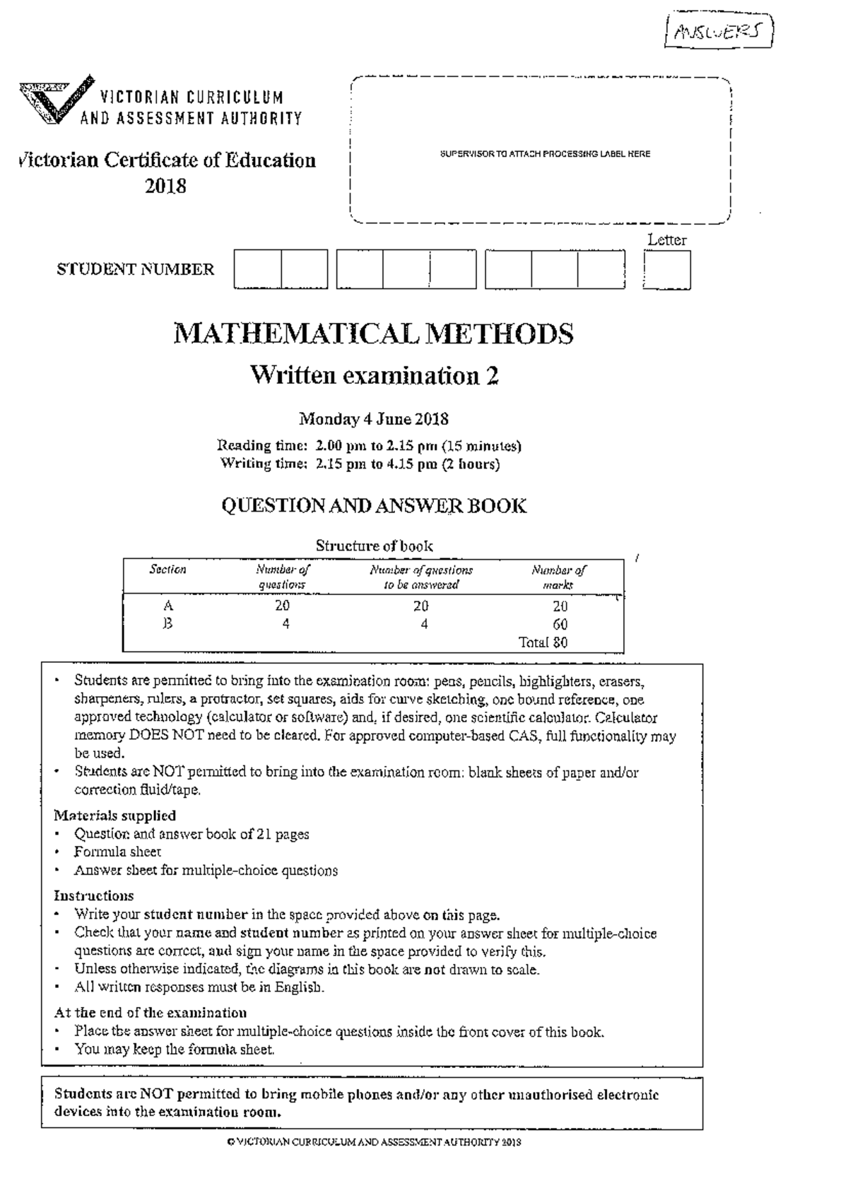 VCAA 2018 (NHT) Mathematical Methods Exam 2 Solutions - Studocu