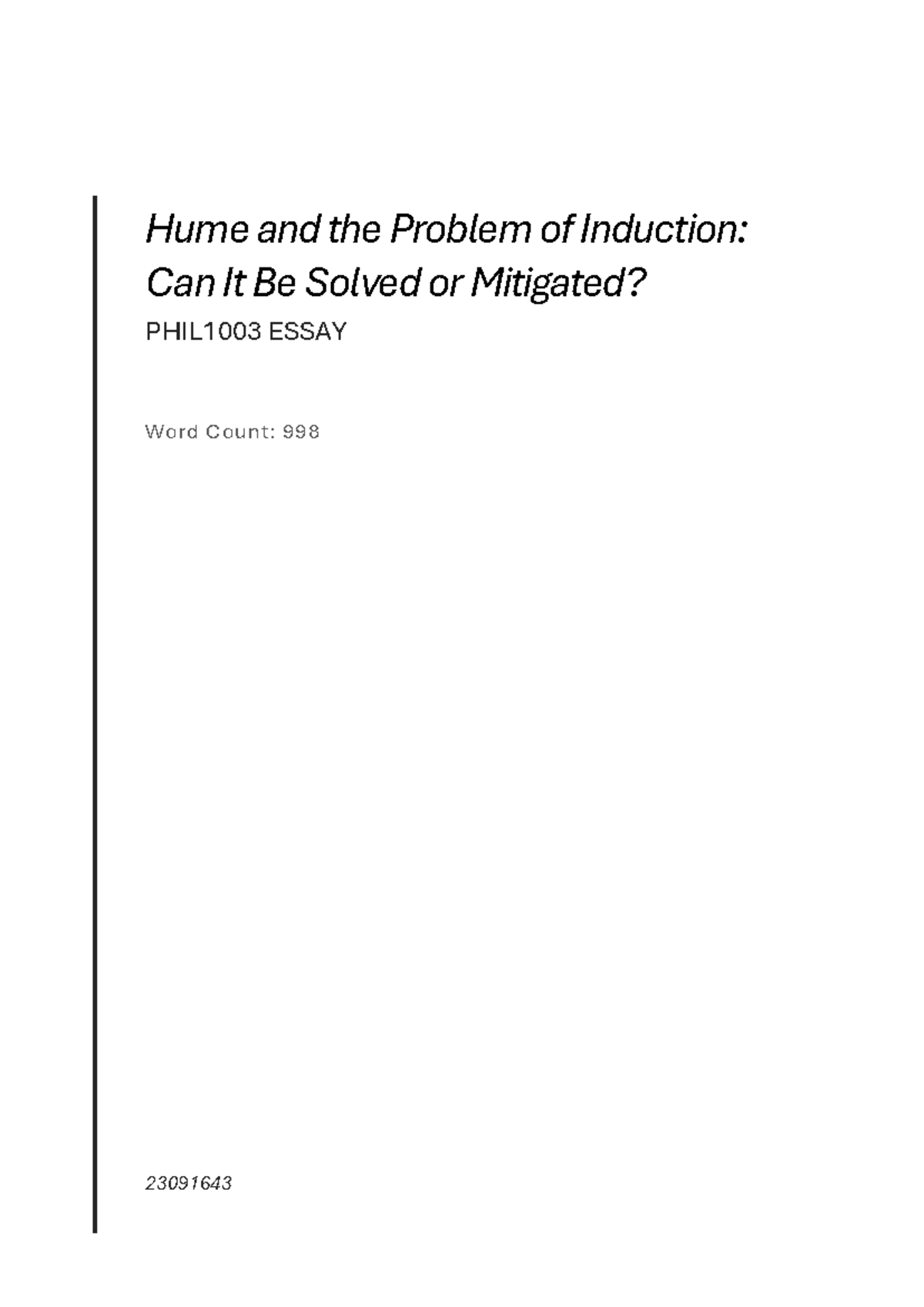 Hume's Problem of Induction: Analysis and Mitigation PHIL1003 ESSAY ...