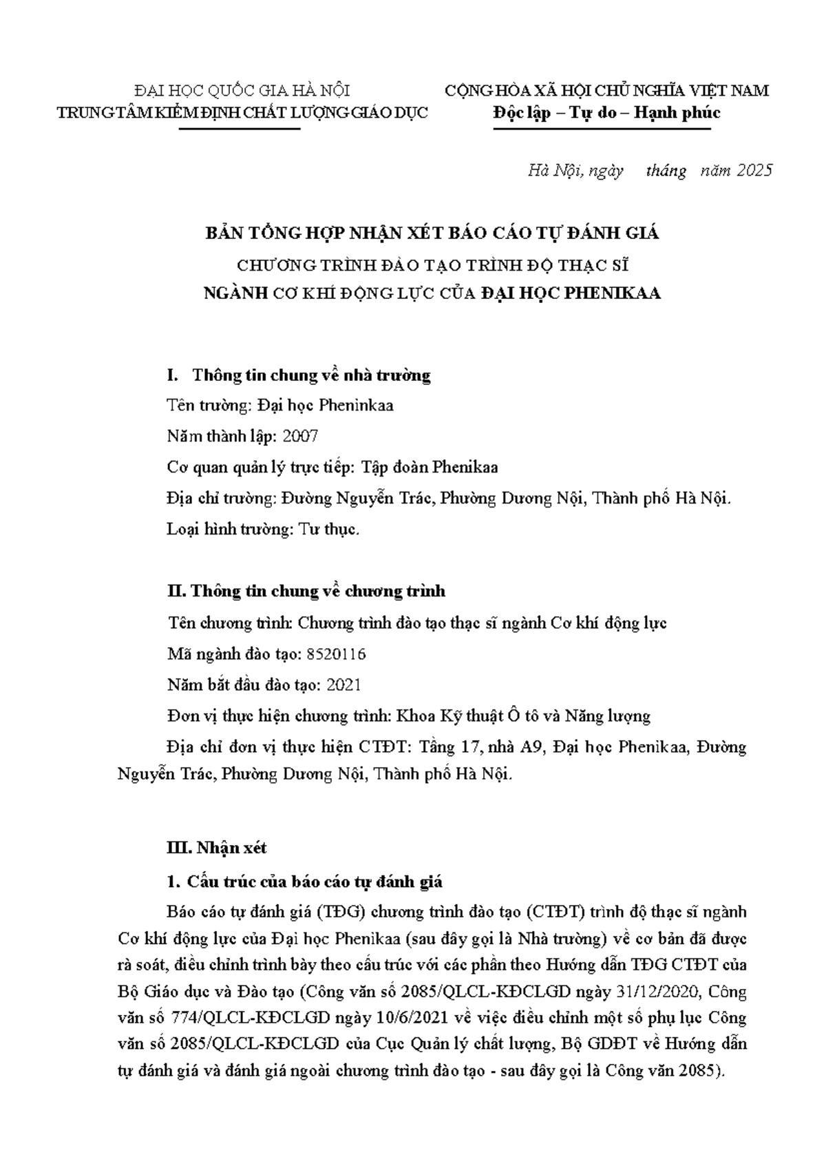 Tổng Hợp Nhận Xét Báo Cáo Tự Đánh Giá CTĐT Thạc Sĩ CKDL - ĐH Phenikaa ...