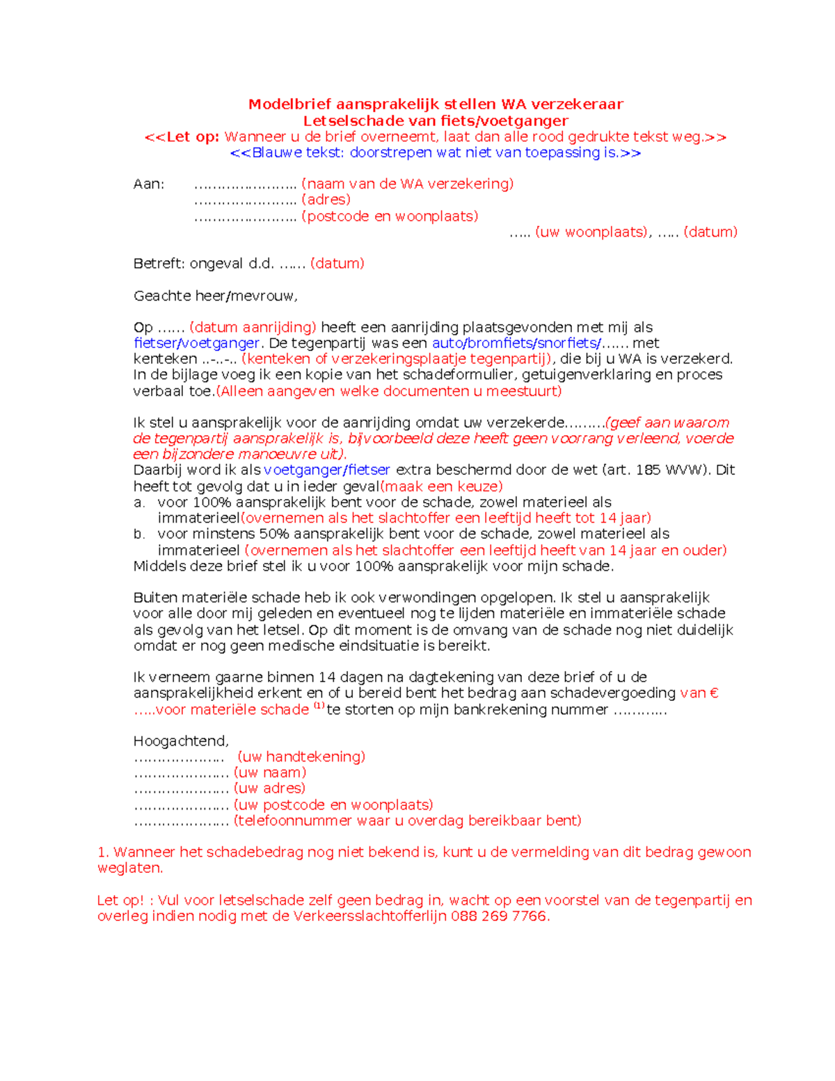 Modelbrief Aansprakelijkheid Letselschade WA Verzekeraar - Studeersnel