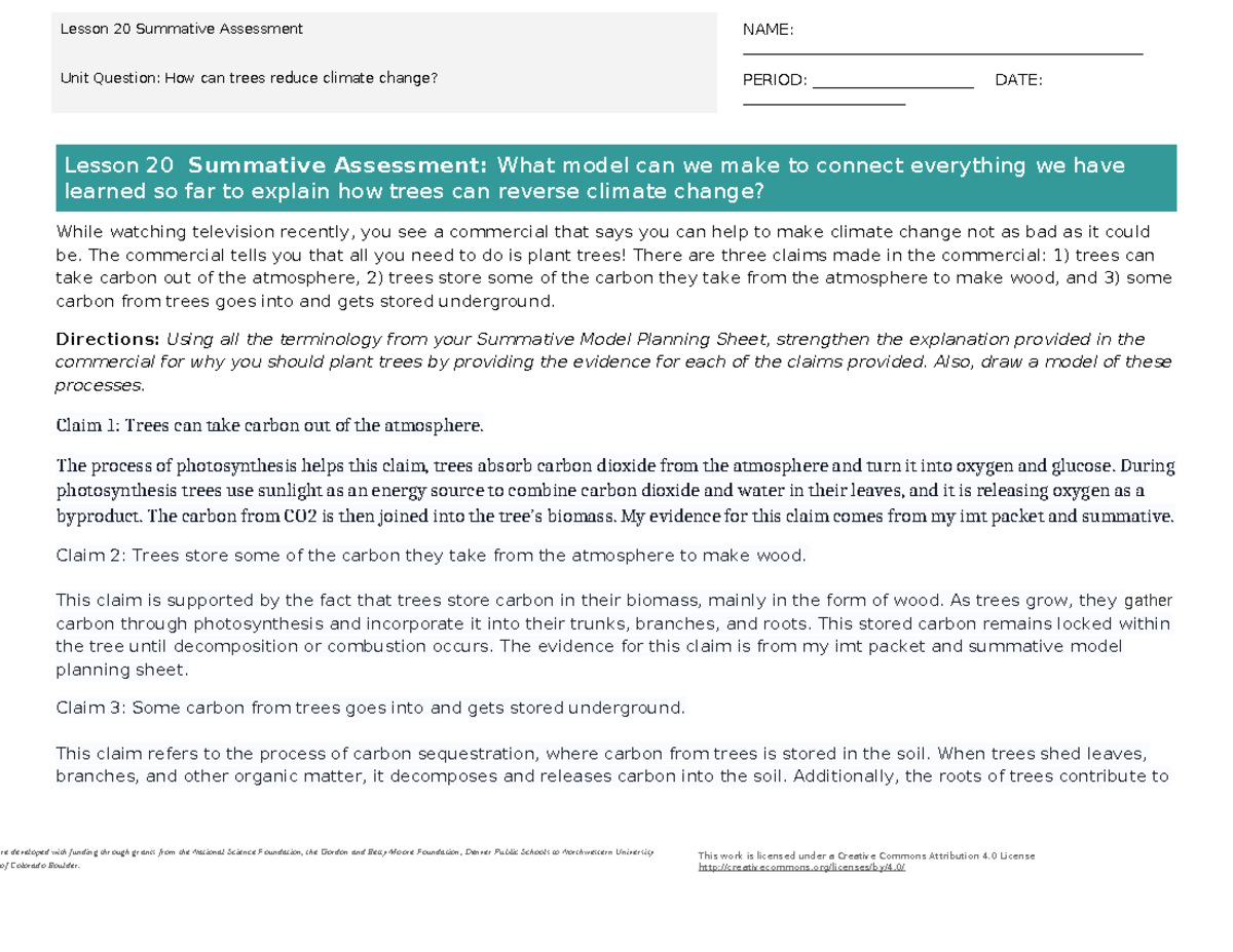 Summative Assessment for Lesson 20: Trees and Climate Change - Studocu