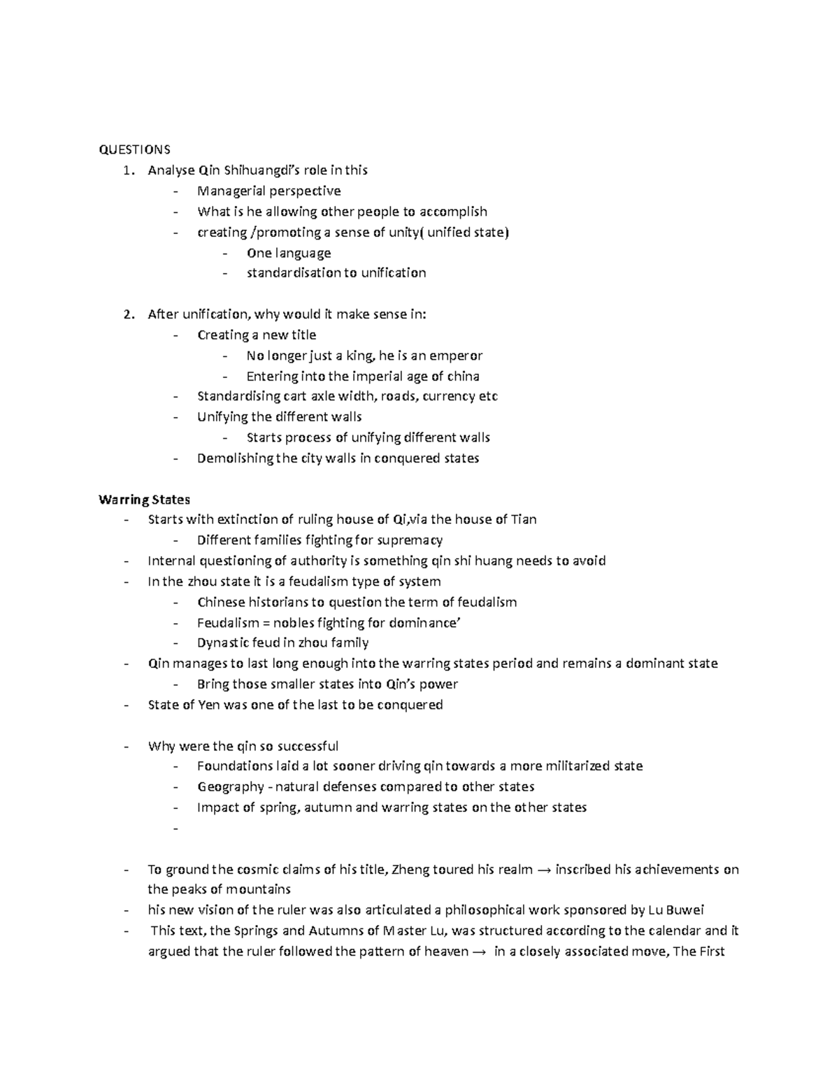 Qin shi huangdi notes - personality and career - QUESTIONS Analyse Qin ...