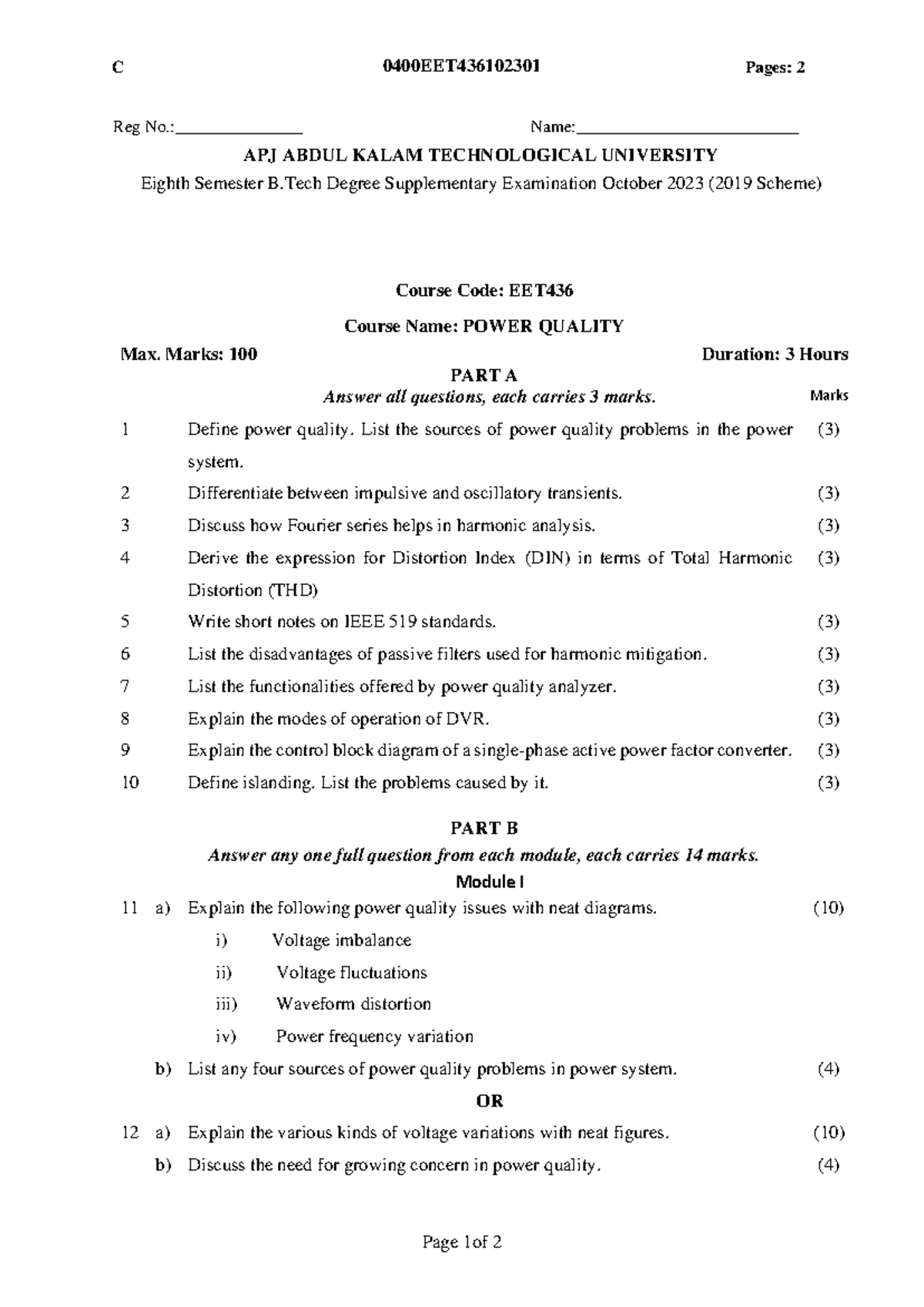 EET 0400EET Power Quality Previous Year Question Paper for Exam Prep ...