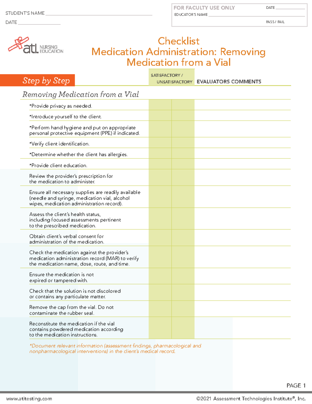 Ati Medication Administration Removing Medication from a Vial checklist ...