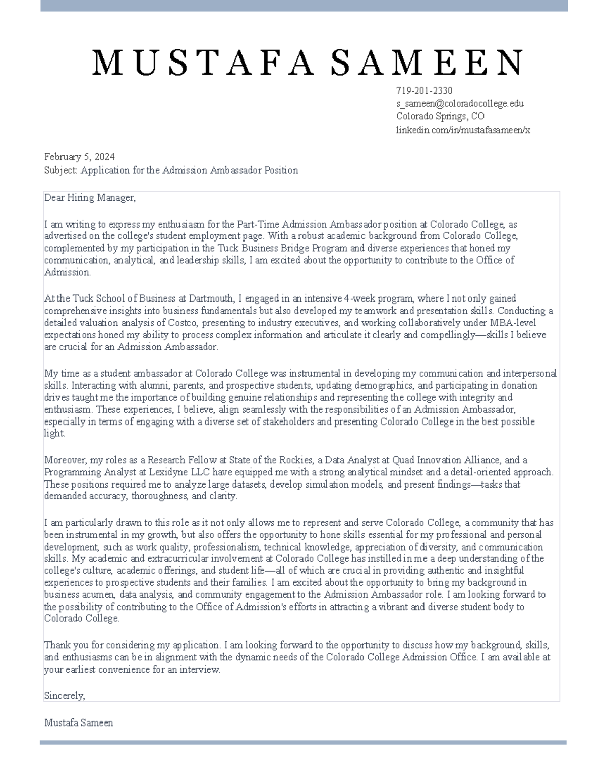 Application Cover Letter for Admission Ambassador Position - Studocu