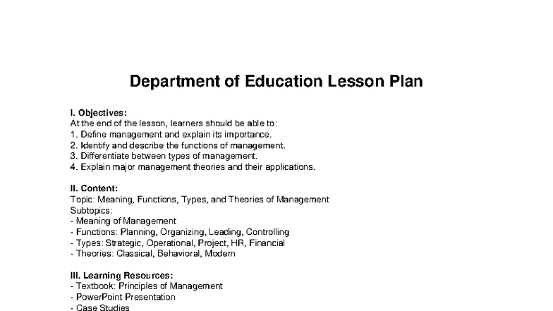 Dep Ed Lesson Plan: Management Functions & Theories - Studocu