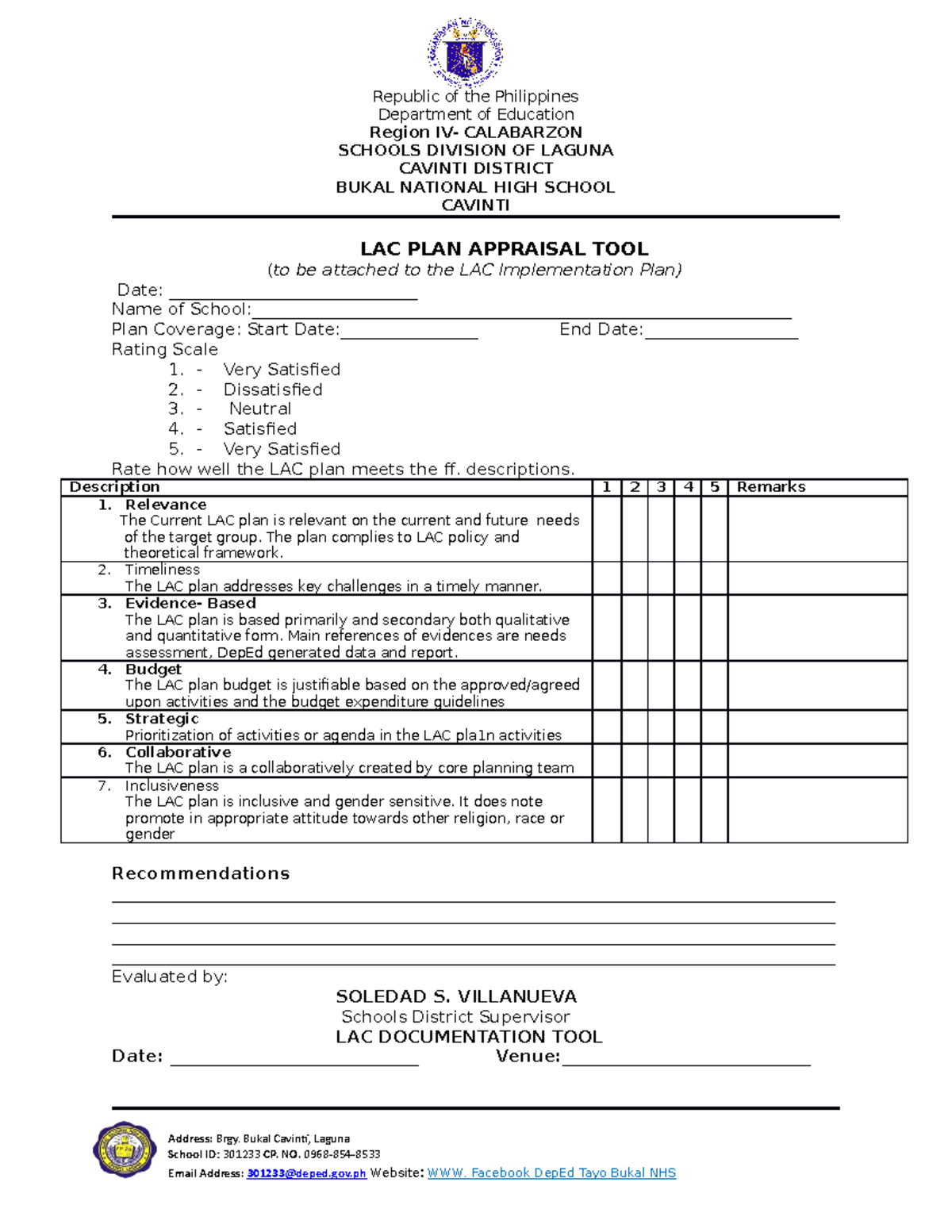 LAC PLAN Appraisal Tool 2021-2022 for Cavinti District Schools - Studocu