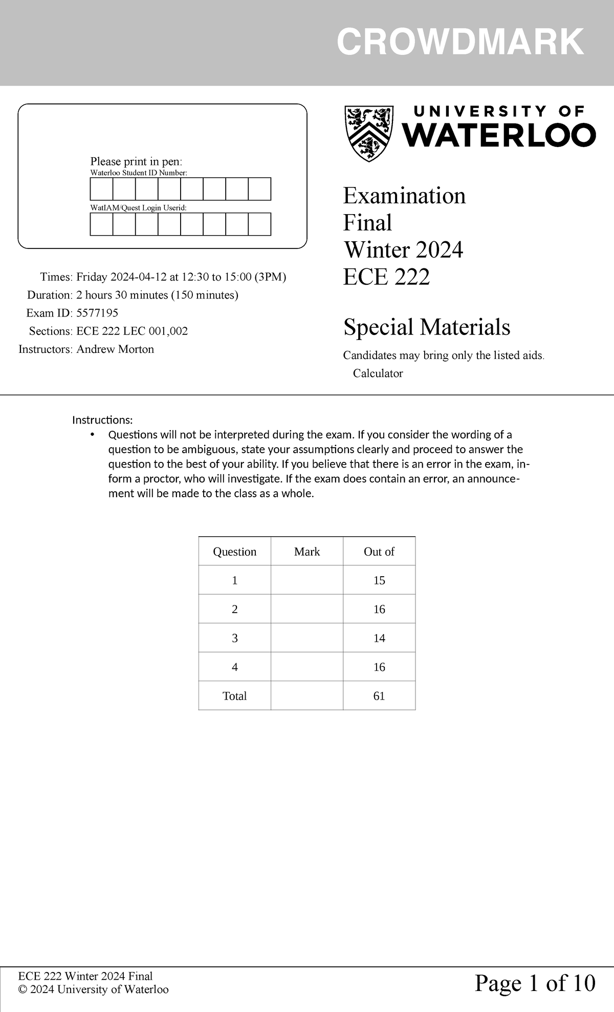 ECE 2024 Winter Final Exam Guidelines and Instructions - Studocu