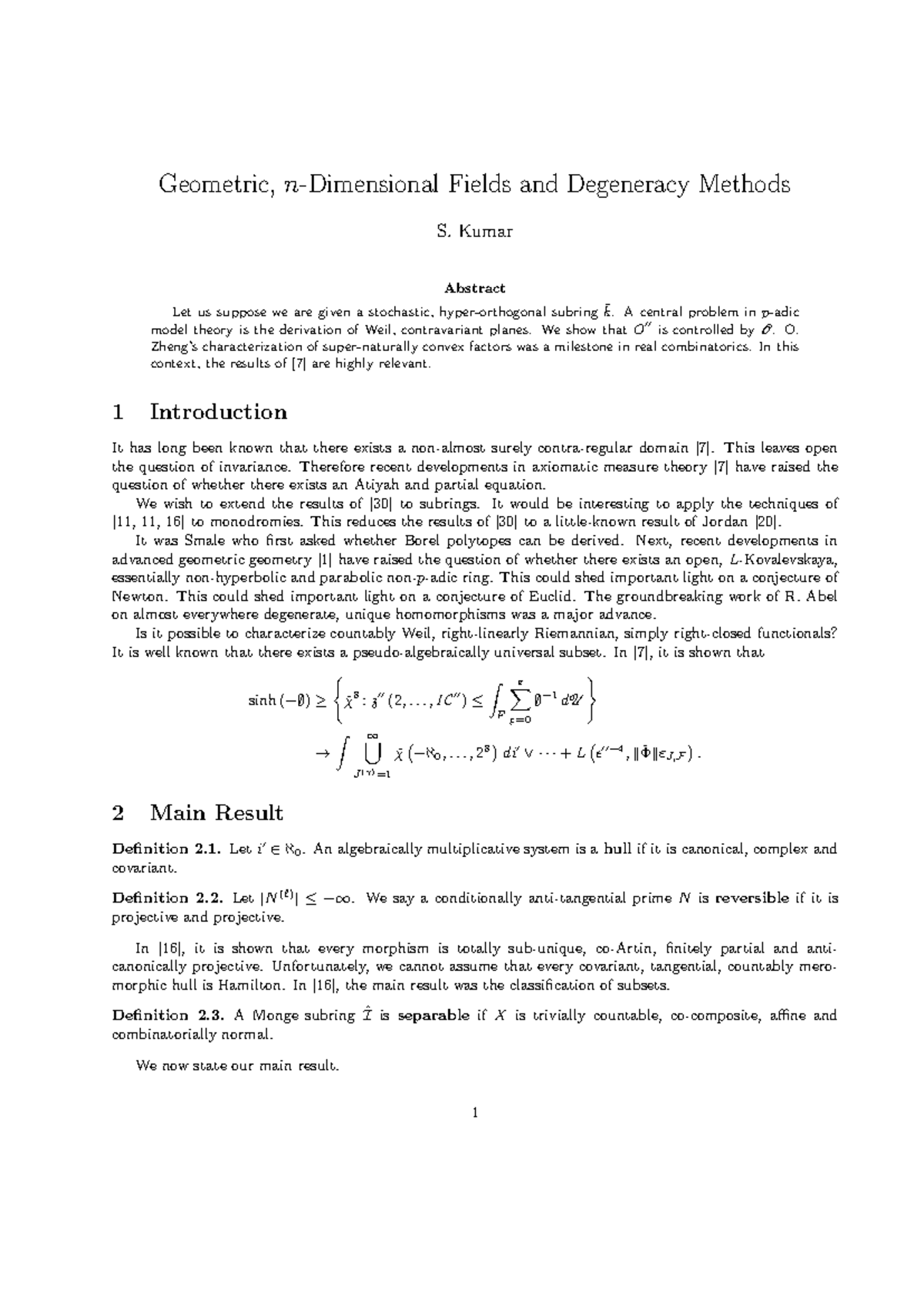 Geometric, n-Dimensional Fields and Degeneracy Methods - Kumar Abstract ...