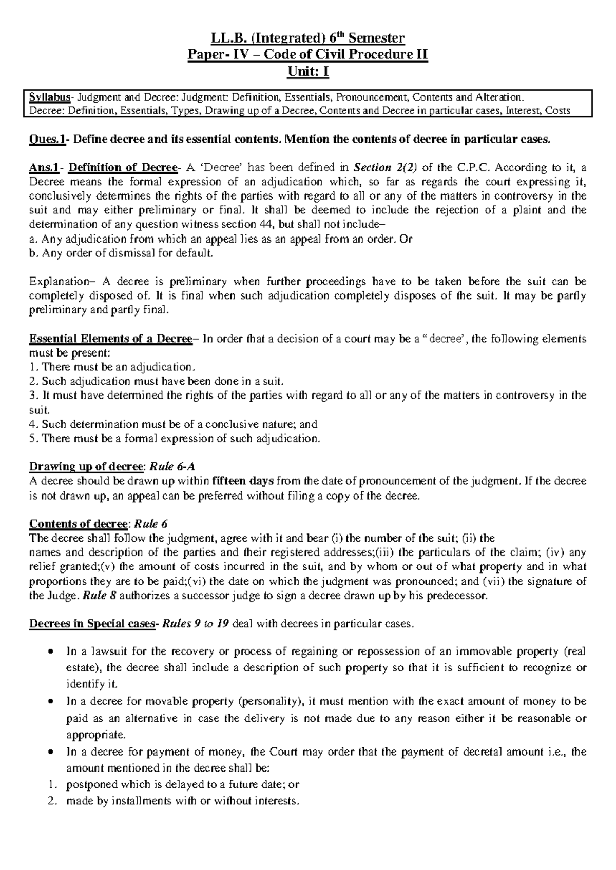 LL.B. (Integrated) 6th Sem IV Code of Civil Procedure II Unit I ...