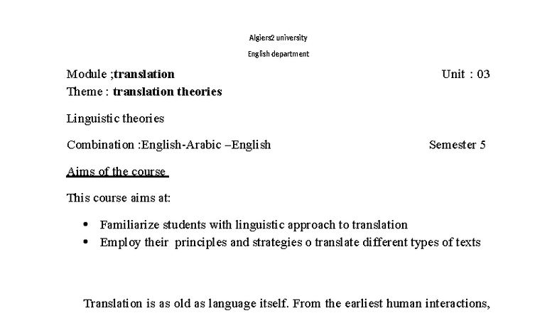 Translation Theories: Linguistic Approaches - 3rd Year Module - Studocu