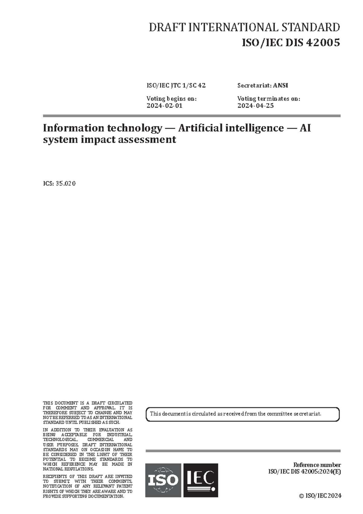 ISO/IEC DIS 42005:2024 - Draft Standard for AI System Impact Assessment - Studocu