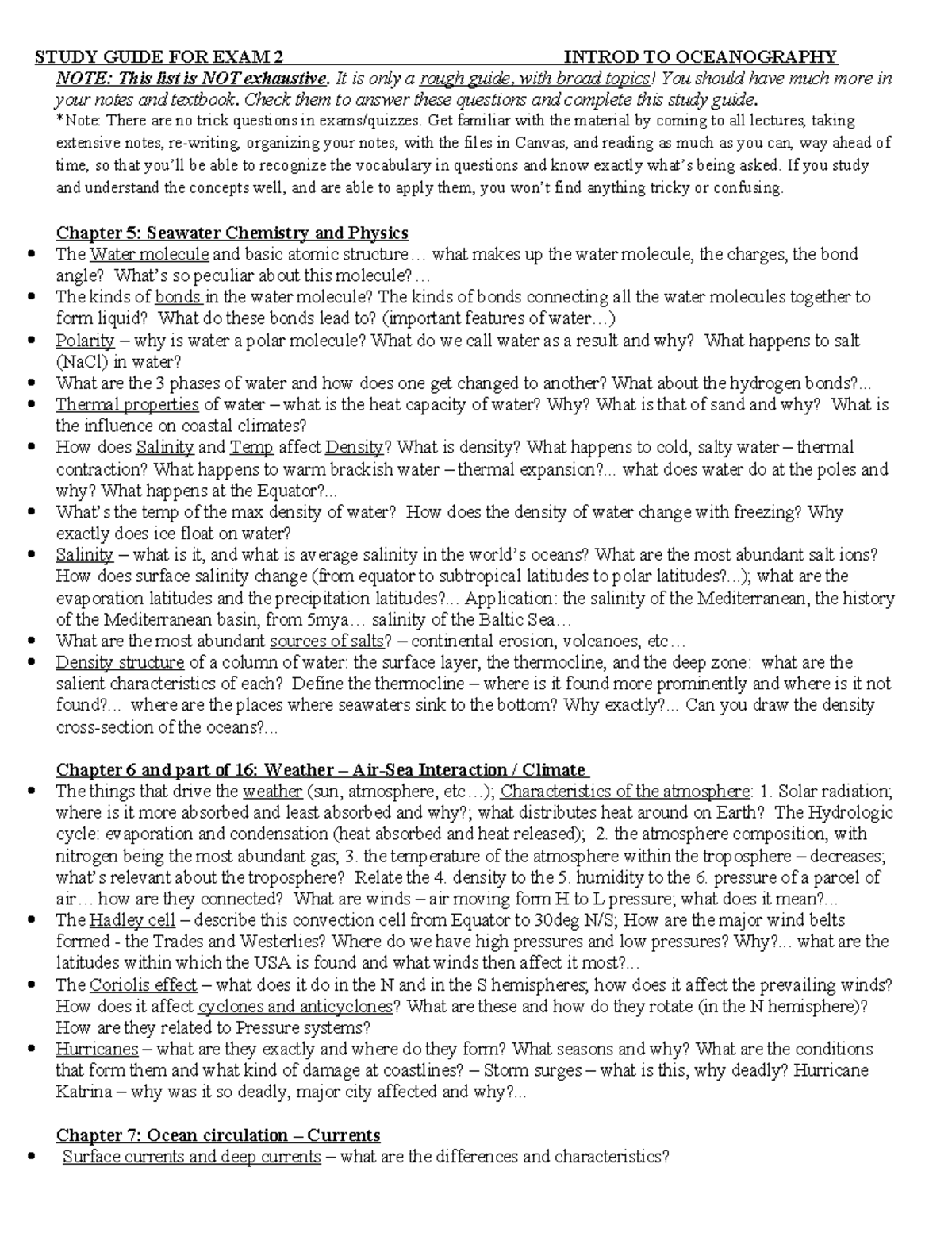 Study Guide for Exam 2: Intro to Oceanography (Ch. 5-9) - Studocu