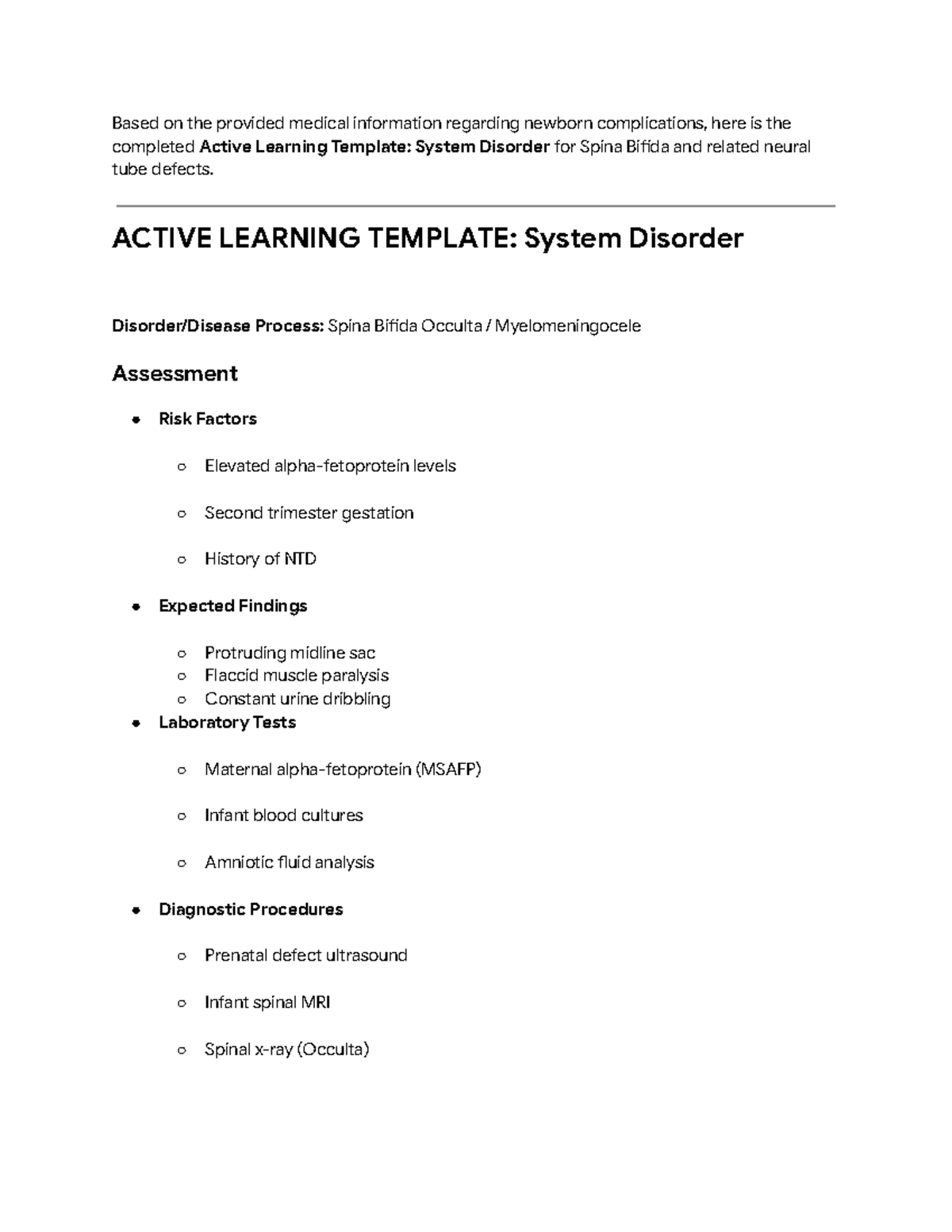 Active Learning Template: System Disorder for Spina Bifida Care - Studocu
