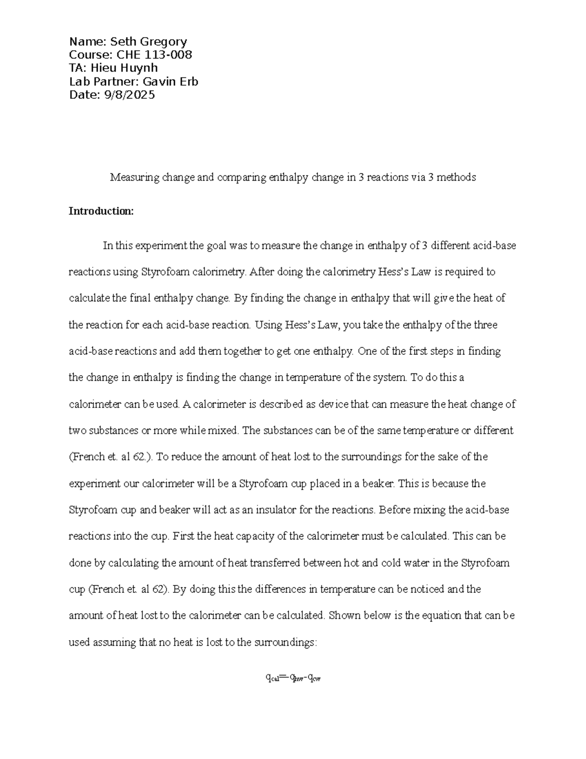 Experiment 11 Lab Report: Measuring Enthalpy Changes in Reactions (CHE ...